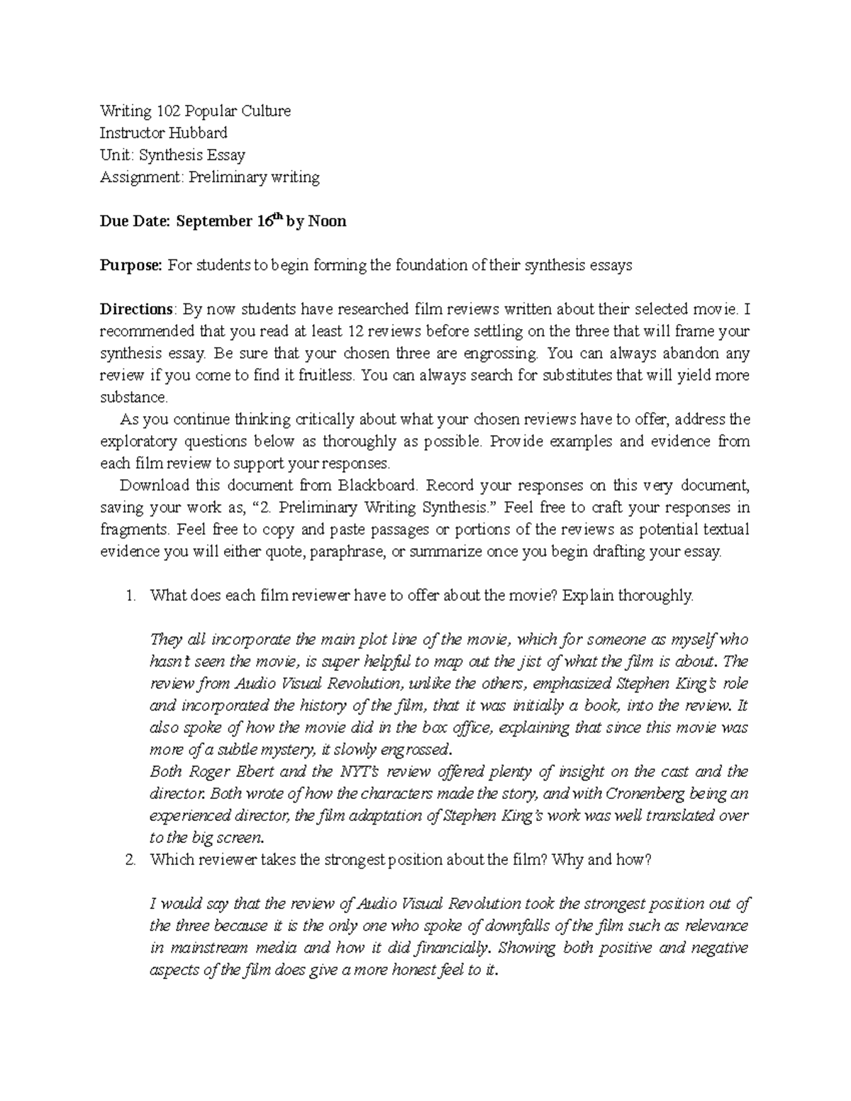 2. Preliminary Writing Synthesis - Writing 102 Popular Culture ...