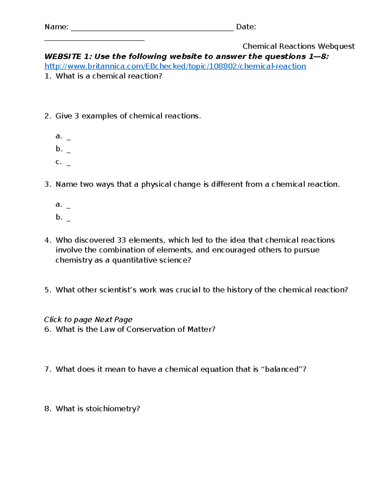 9 Chemical Reactions Webquest - Name ...