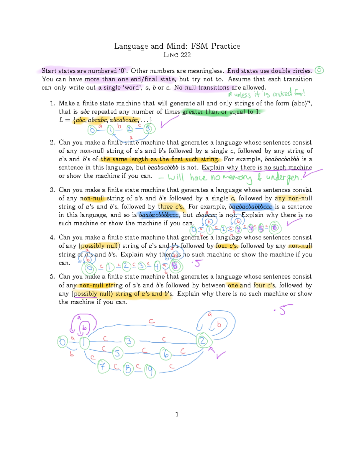 FSM Practice - Language and Mind: FSM Practice Ling 222 Start states ...