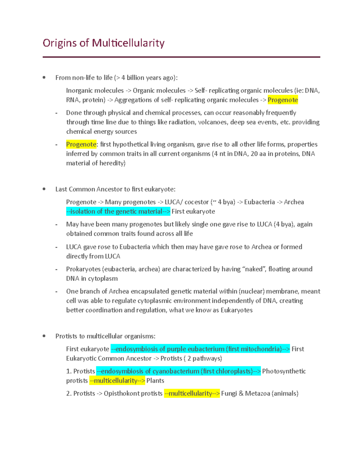 BIO 103 Moyes Lectures - Origins of Multicellularity From non-life to ...