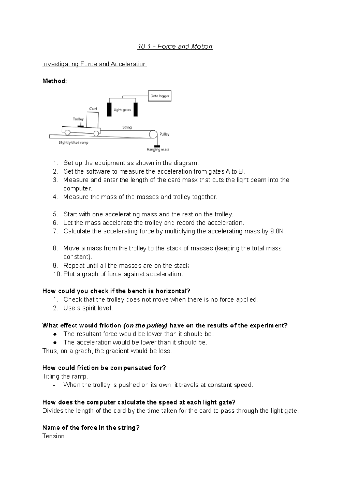 Force and Motion - Physics Unit 10 - 10 - Force and Motion ...