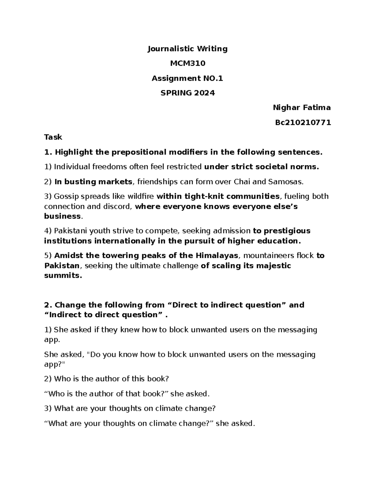 Journalistic Writing - Journalistic Writing MCM Assignment NO. SPRING ...