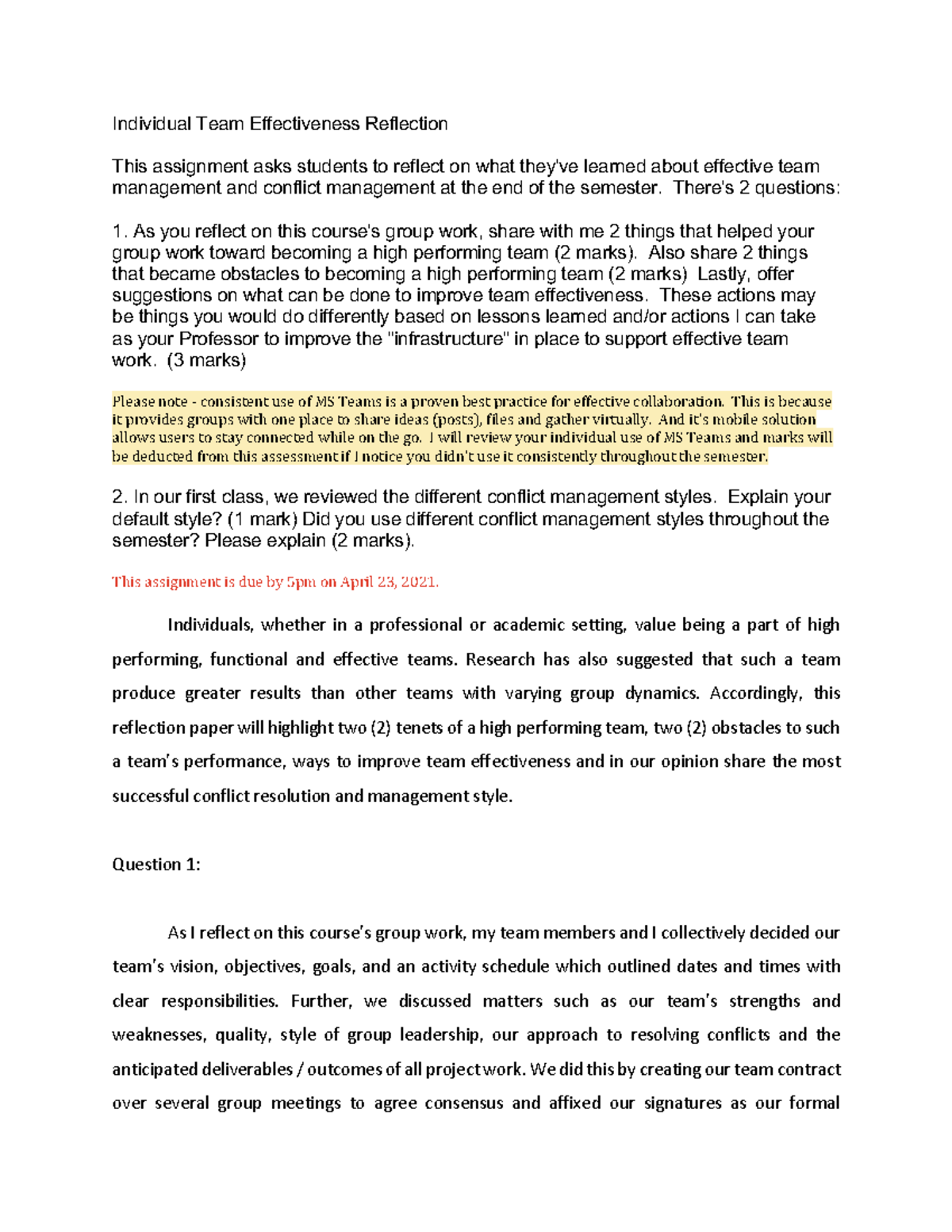 Individual Team Effectiveness Reflection - There's 2 questions: As you ...