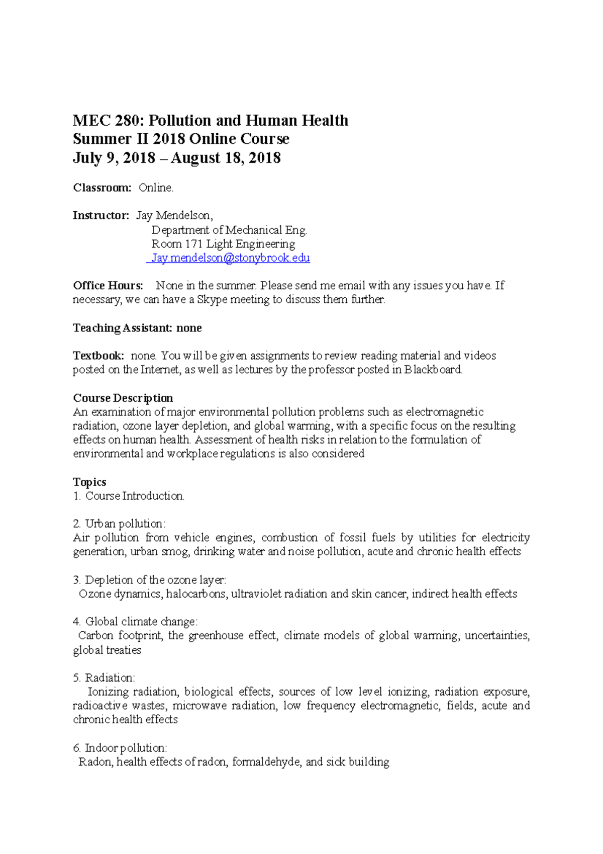 MEC 280 Summer II 2018 Syllabus - MEC 280: Pollution and Human Health Summer II 2018 Online ...
