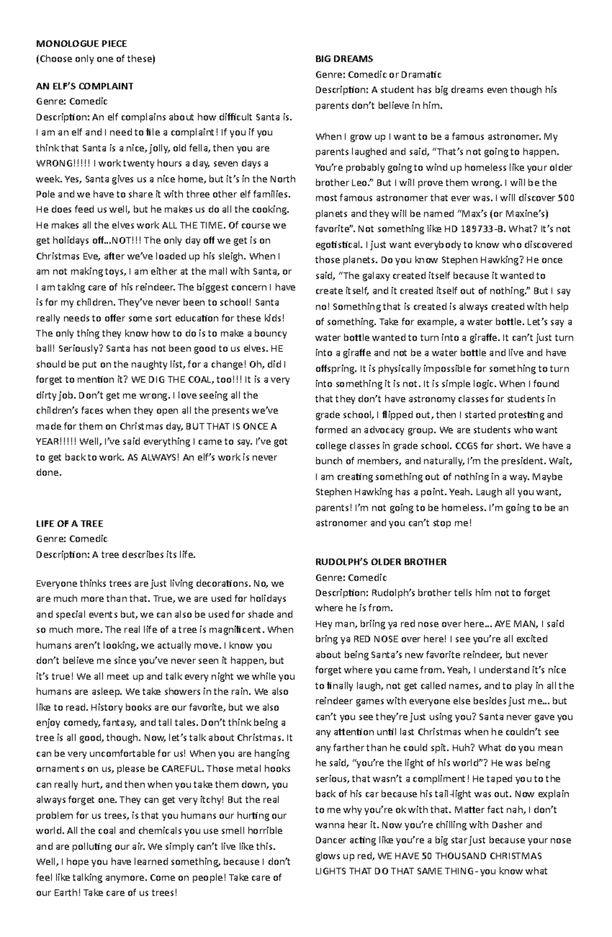 Monologue - MONOLOGUE PIECE (Choose only one of these) AN ELF’S ...