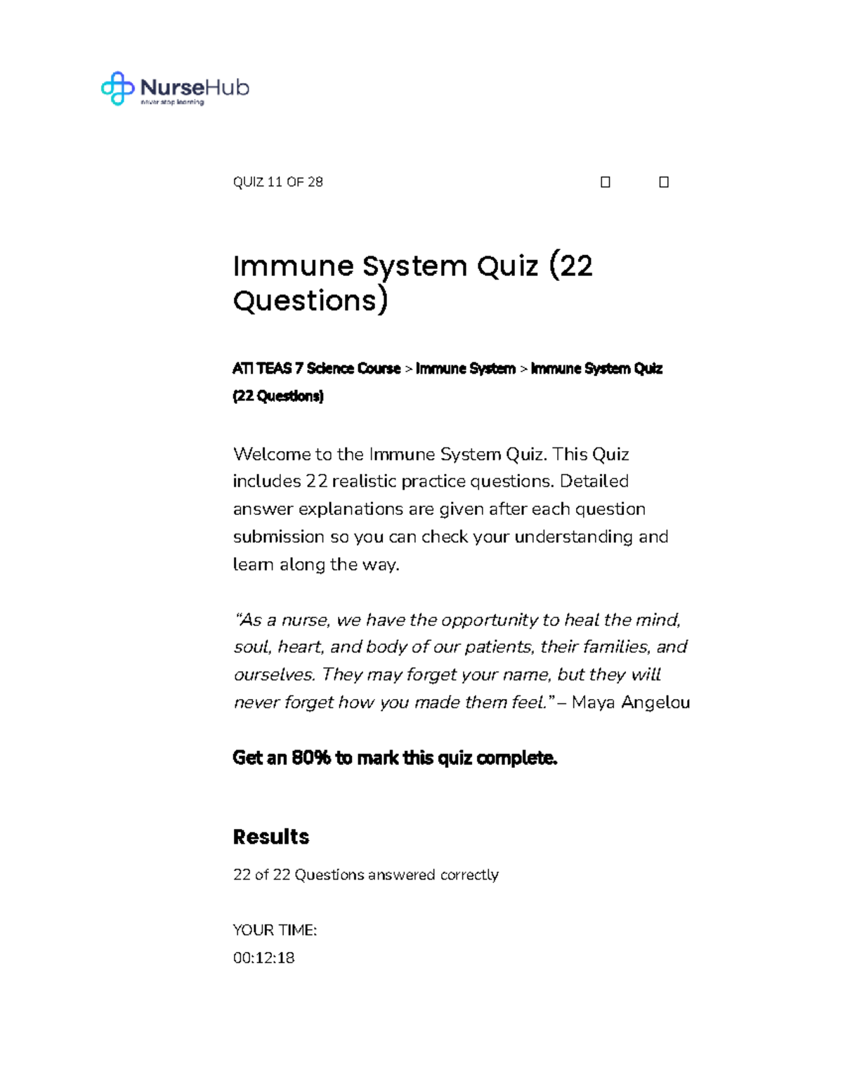 Immune System Quiz Nurse Hub - ATI TEAS 7 Science Course > Immune ...
