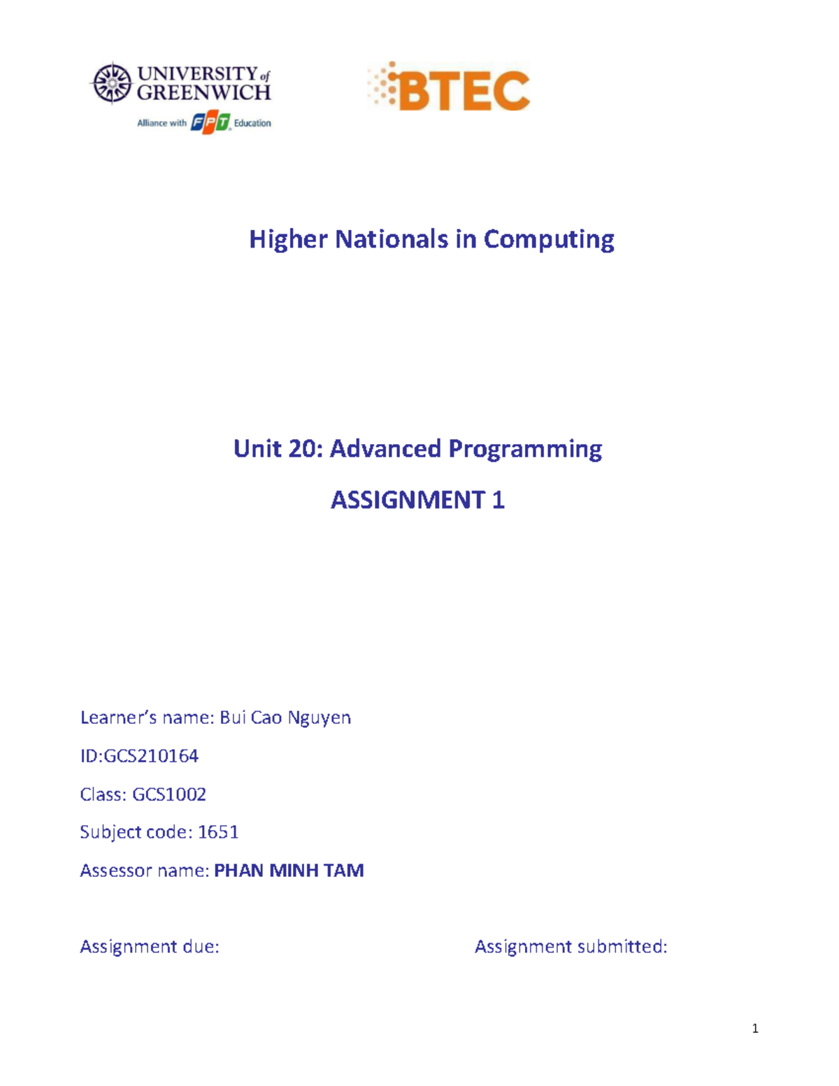 Asm1 Asm1 1651 Oop 1 Higher Nationals In Computing Unit 20 Advanced Programming Assignment