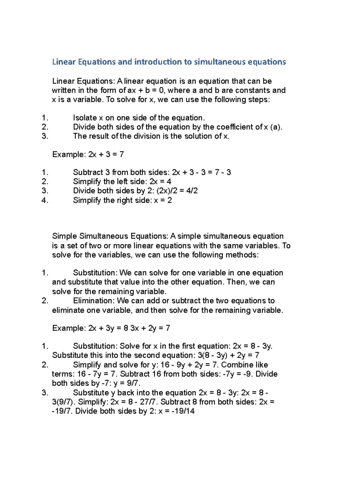 Linear Equations and introduction to simultaneous equations - To solve ...