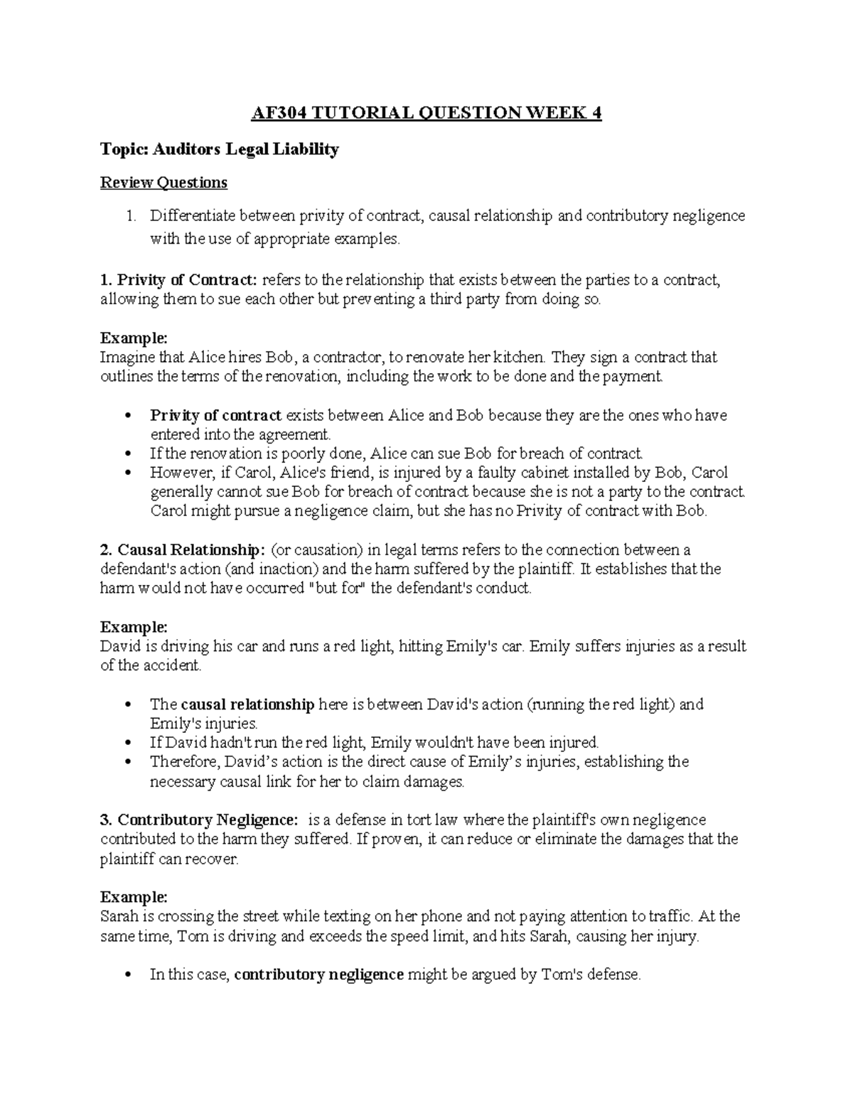 AF304 Week 4 Tutorial Questions - AF304 TUTORIAL QUESTION WEEK 4 Topic: Auditors Legal Liability ...