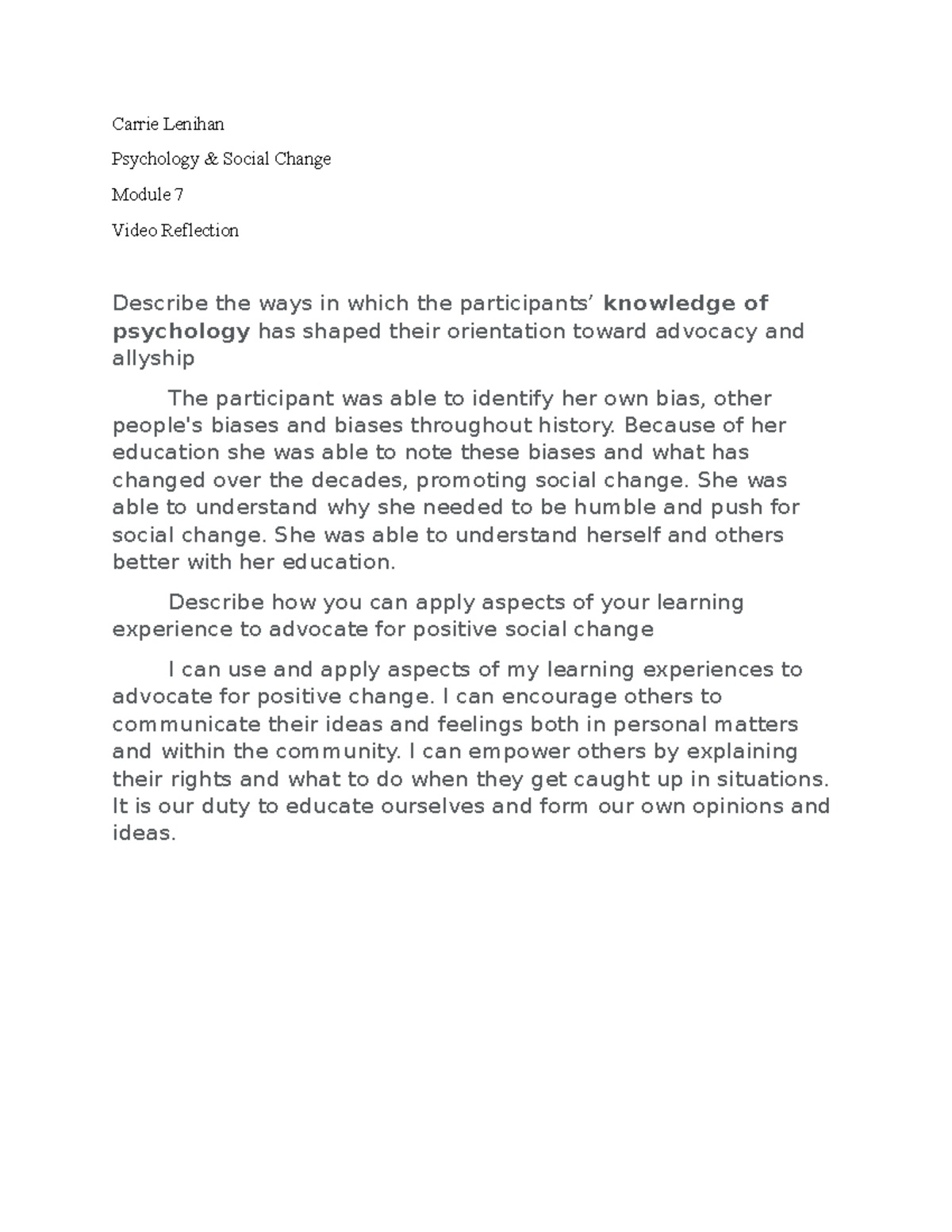7 video - Carrie Lenihan Psychology & Social Change Module 7 Video ...