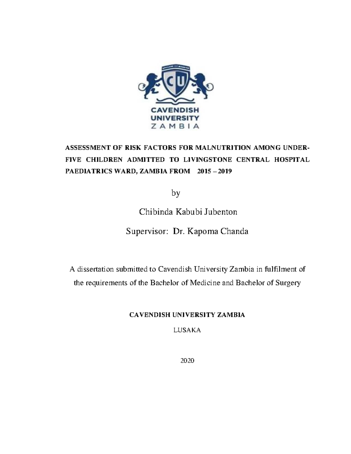 Assessment OF RISK Factors FOR Malnutrition Among Under FIVE Children ...