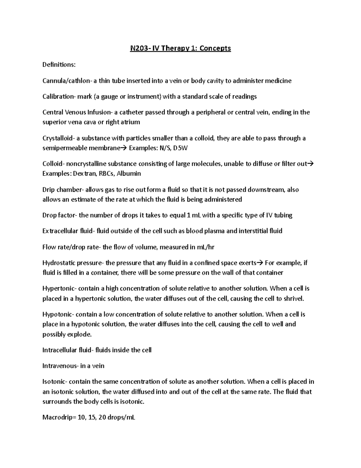 IV Therapy 1- Concepts Notes - N203- IV Therapy 1: Concepts Definitions ...