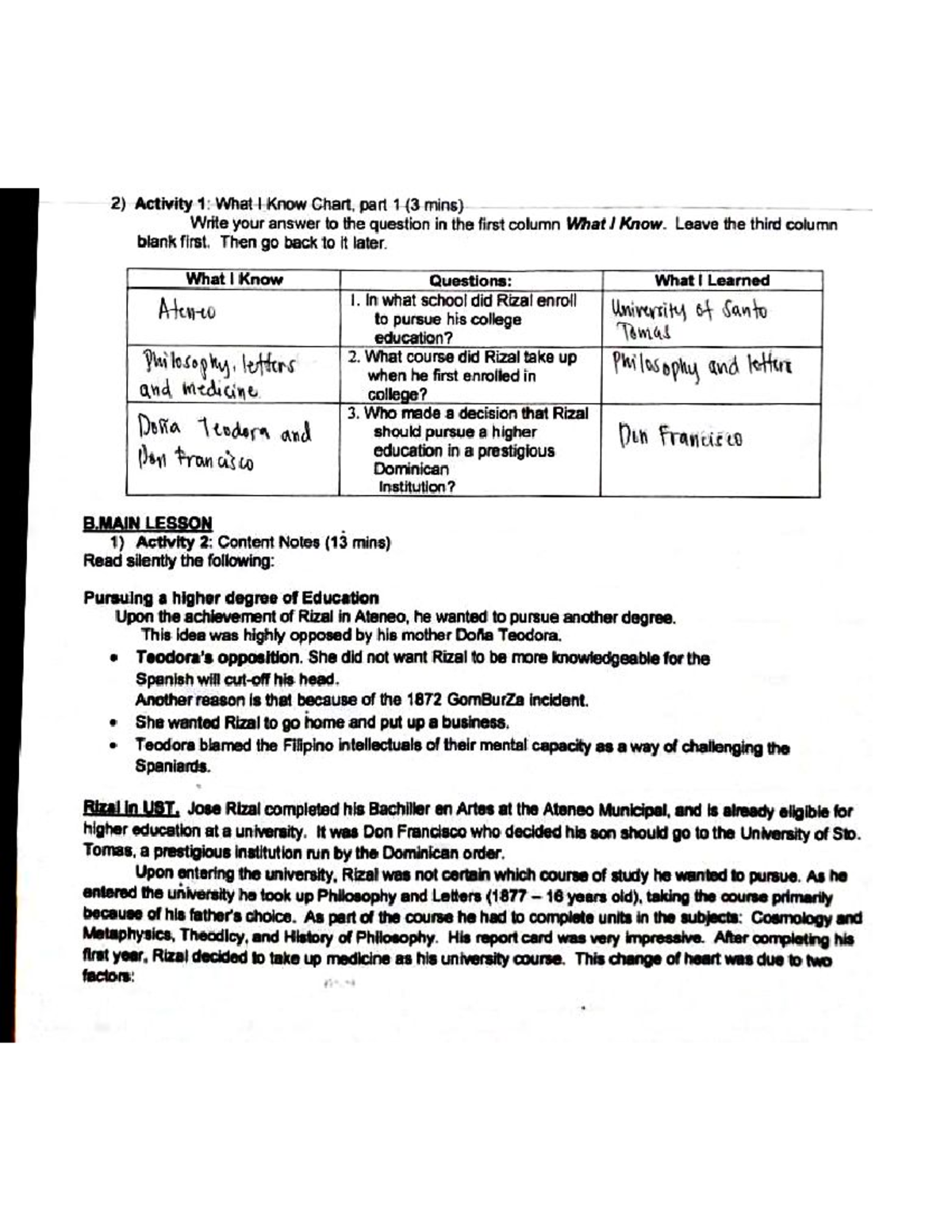 Life and works of rizal activity sheet no - Civil Engineering - Studocu