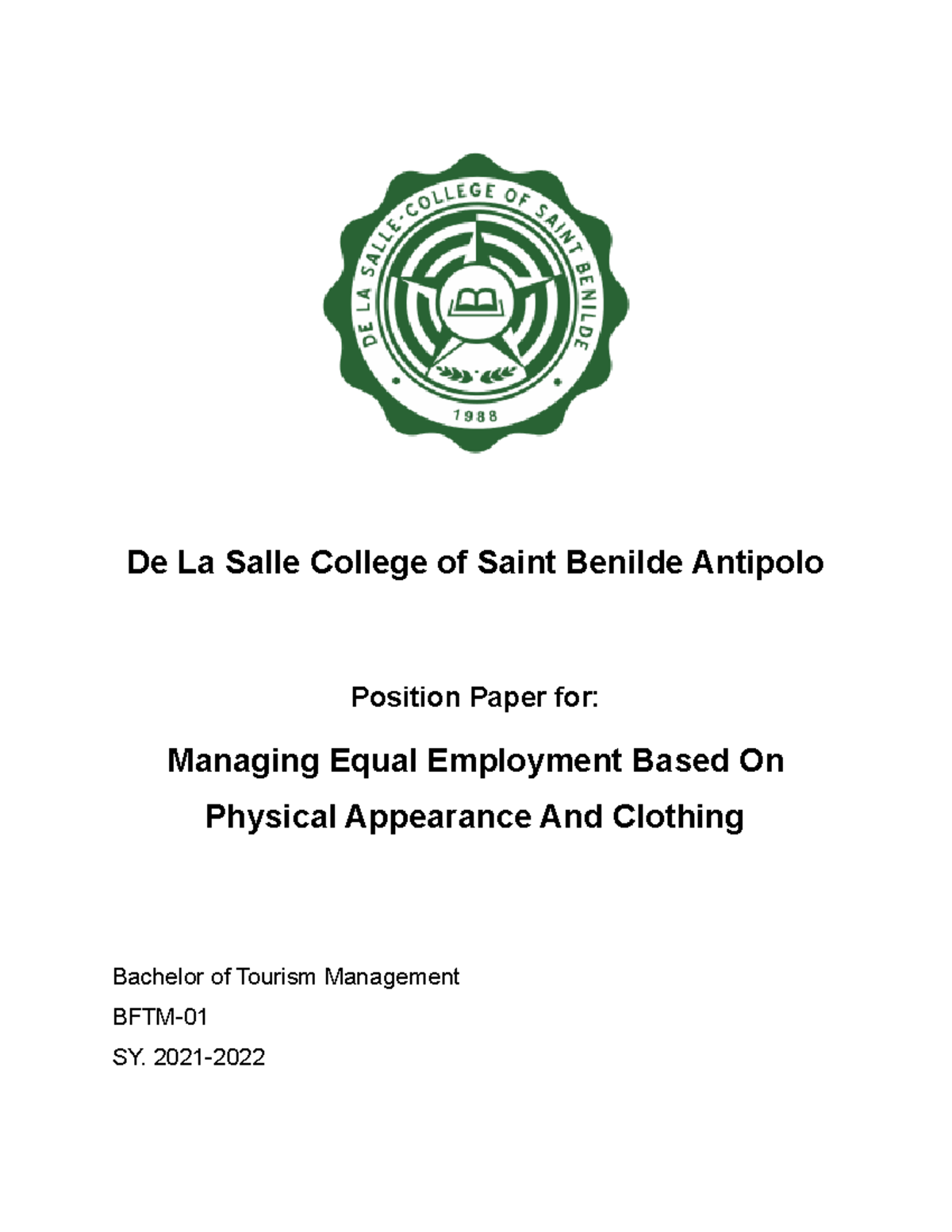 Position Paper - De La Salle College of Saint Benilde Antipolo Position ...