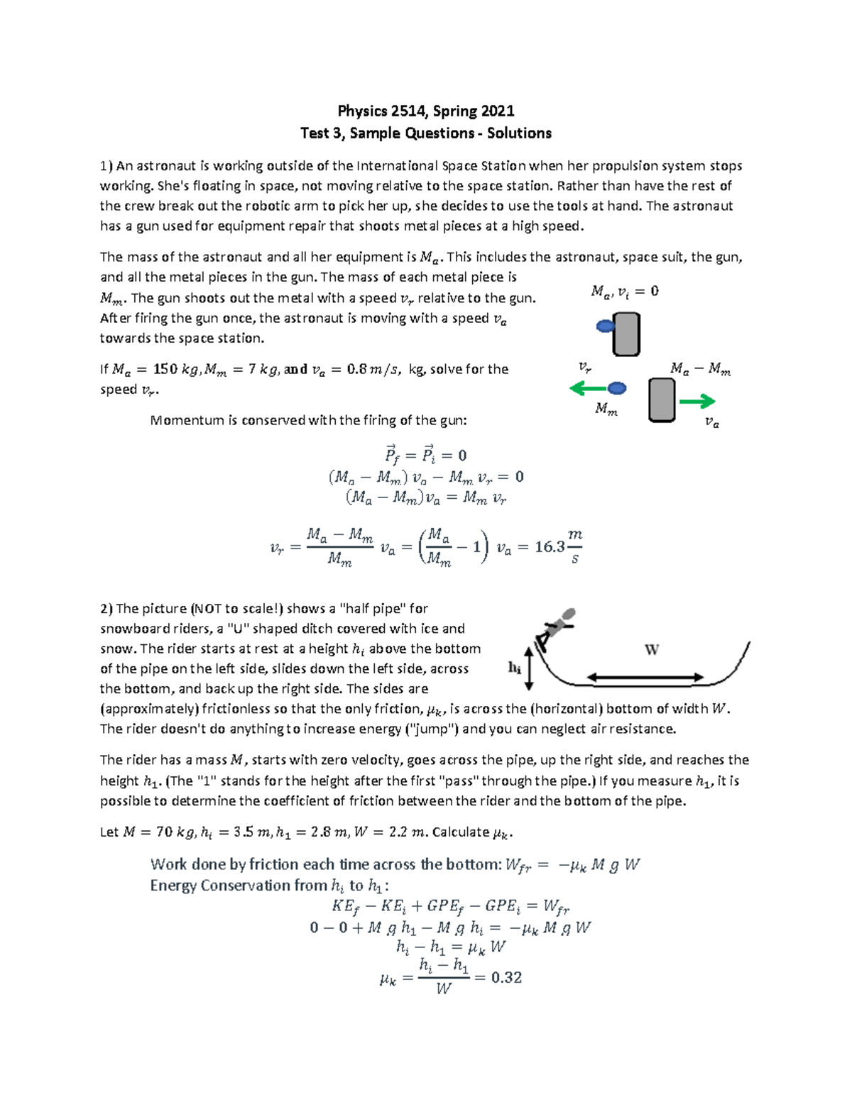 Energy Sample Problems + Solutions - Physics 2514, Spring 2021 Test 3 ...