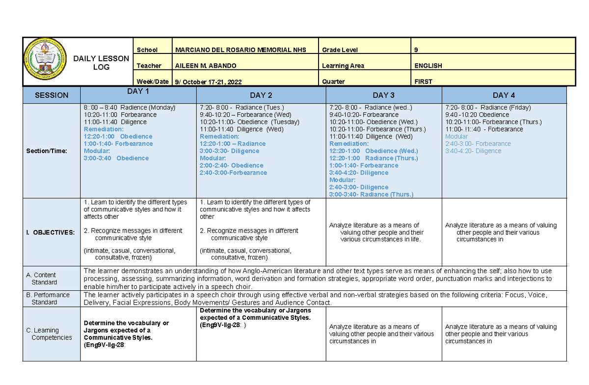 6th-Week- September 29, 2023-English-DLL Grade 9 - DAILY LESSON LOG ...