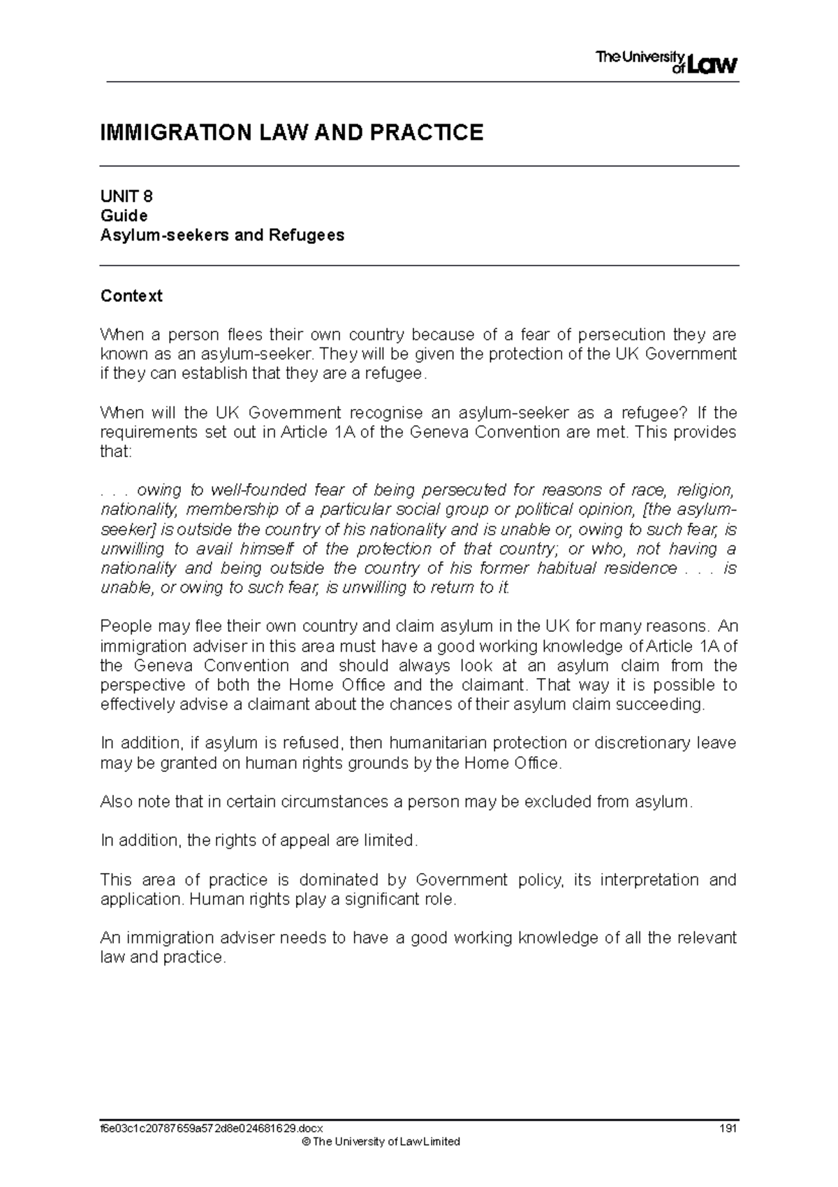 Immigration W8 - answers for workshop - IMMIGRATION LAW AND PRACTICE ...