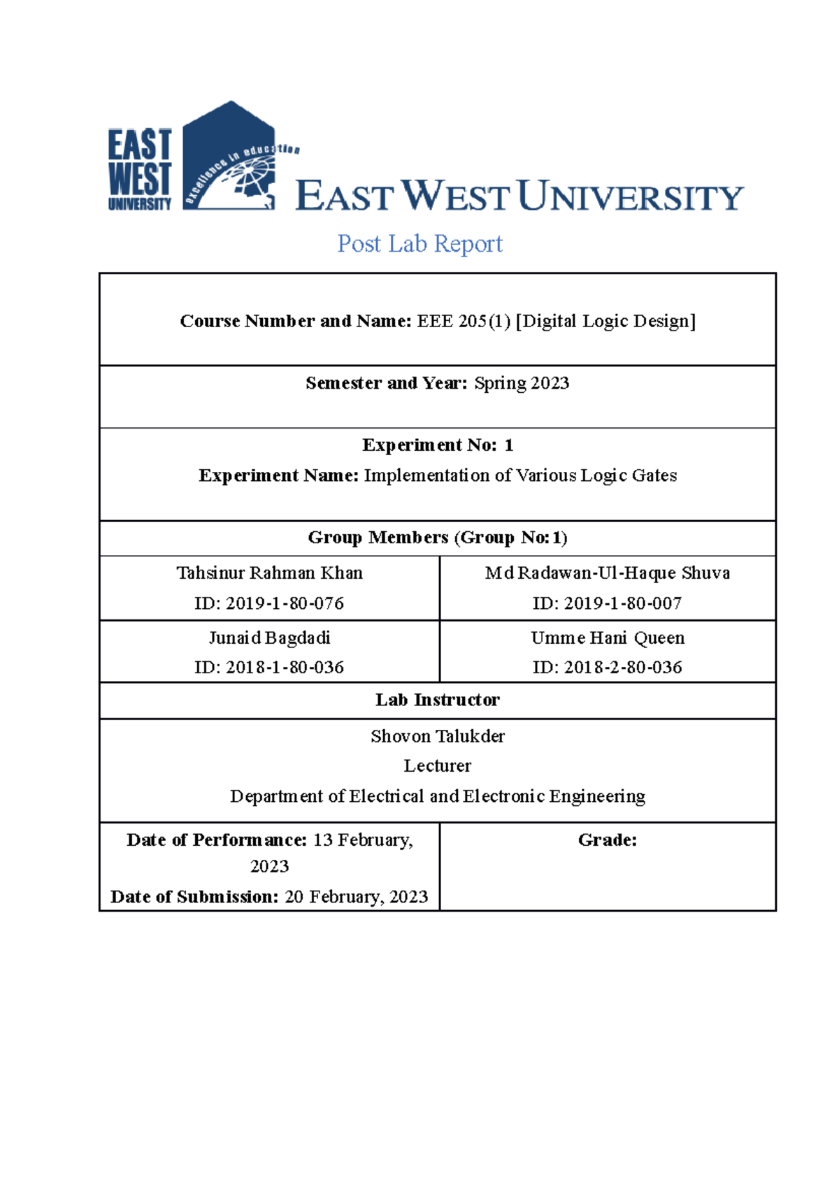 Post Lab Report 1 - Post Lab Report Course Number and Name: EEE 205(1) [Digital Logic Design ...