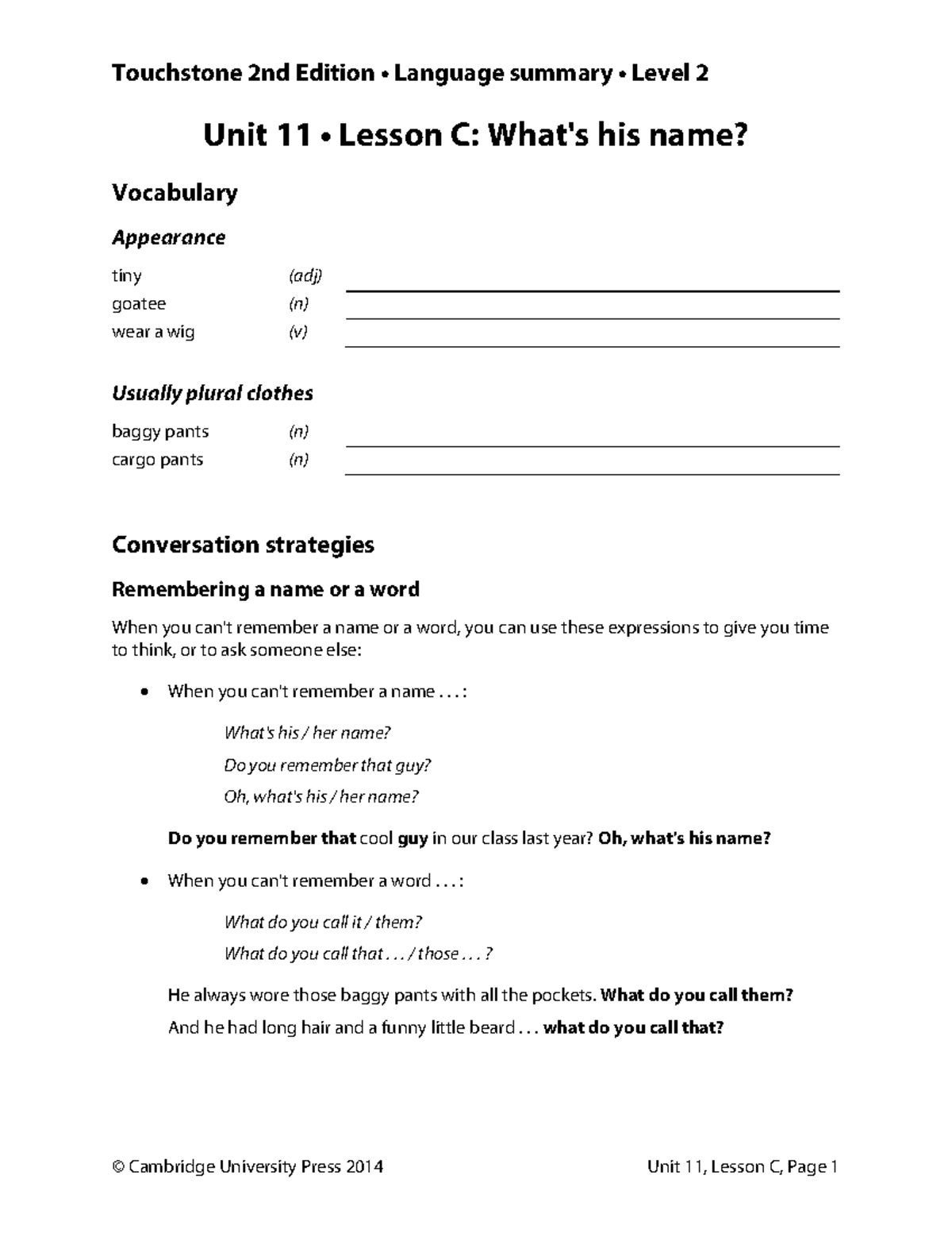 Unit 11 - Lesson C What's his name - Touchstone 2nd Edition • Language summary • Level 2 Unit 11 ...