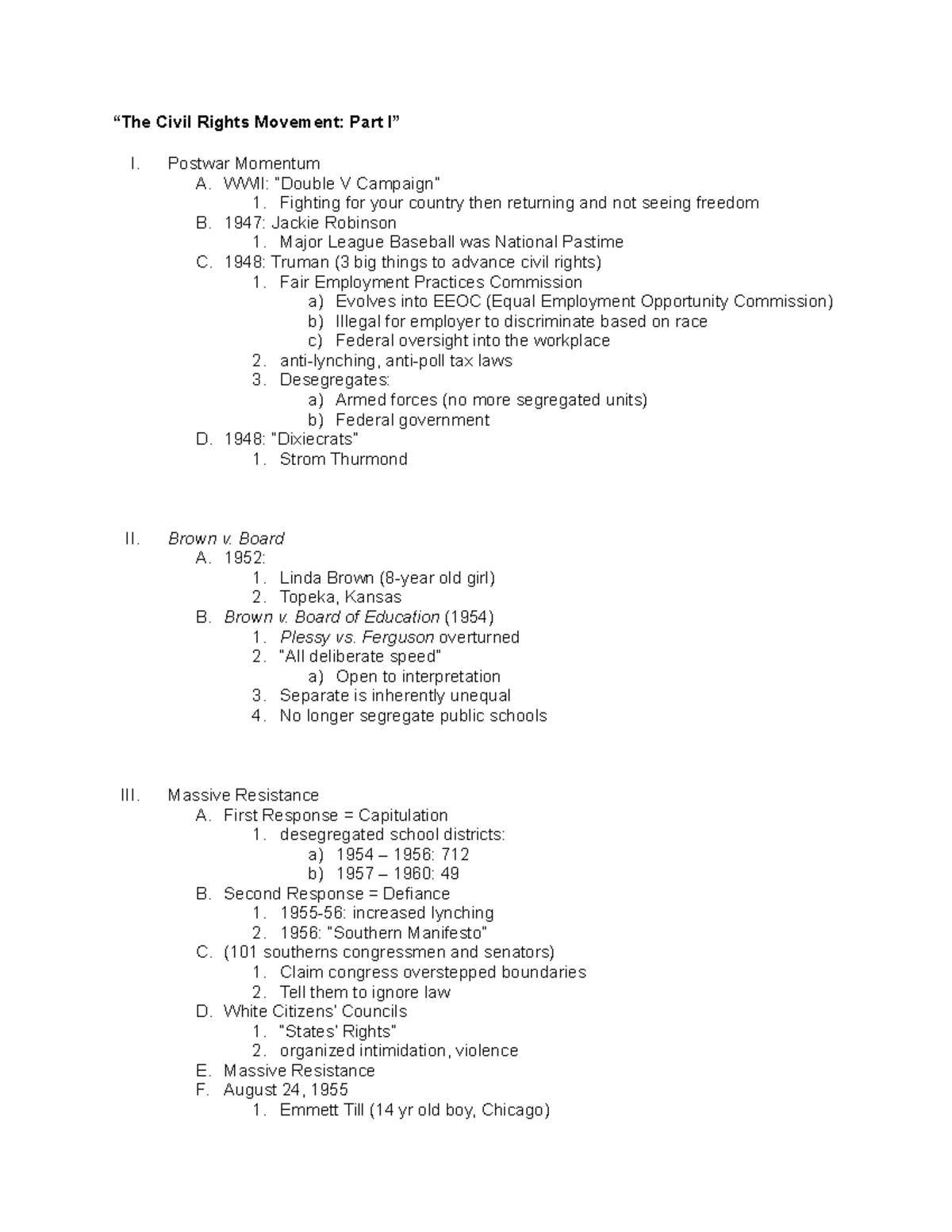 HIST 2301 Lecture Notes - Exam 3 - “The Civil Rights Movement: Part I ...