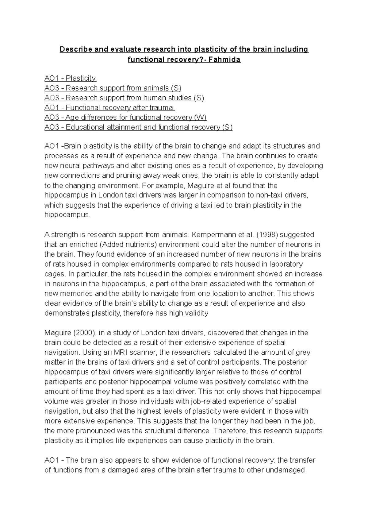 Plasticity of the Brain including Functional Recovery Essay - Describe and evaluate research ...