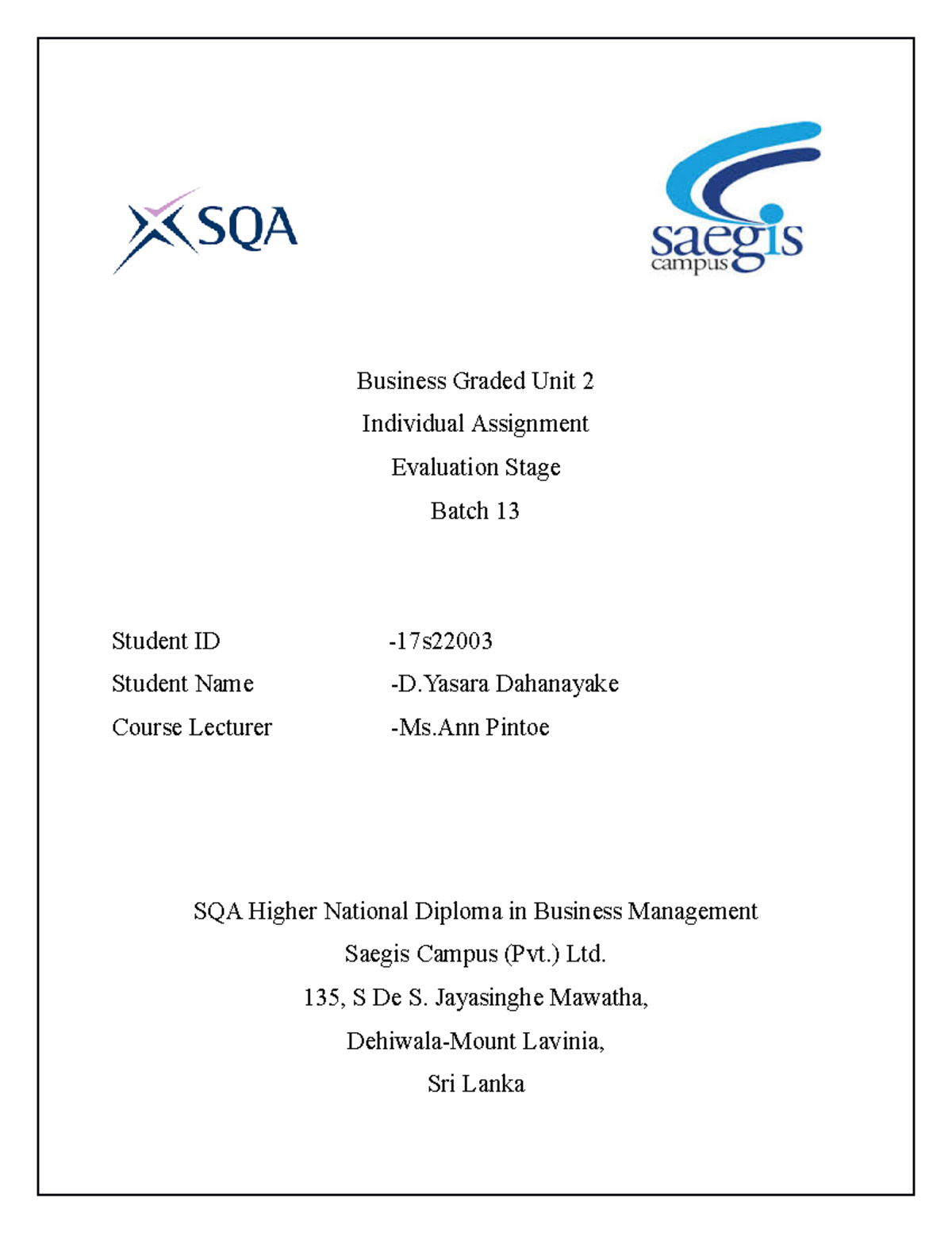 Evaluation Stage - HND Assignment for graded unit module - Business ...