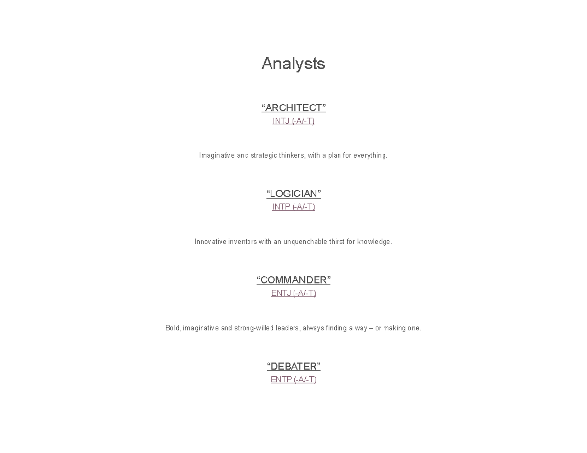 MBTI - Personality - Analysts “ARCHITECT” INTJ (-A/-T) Imaginative and ...