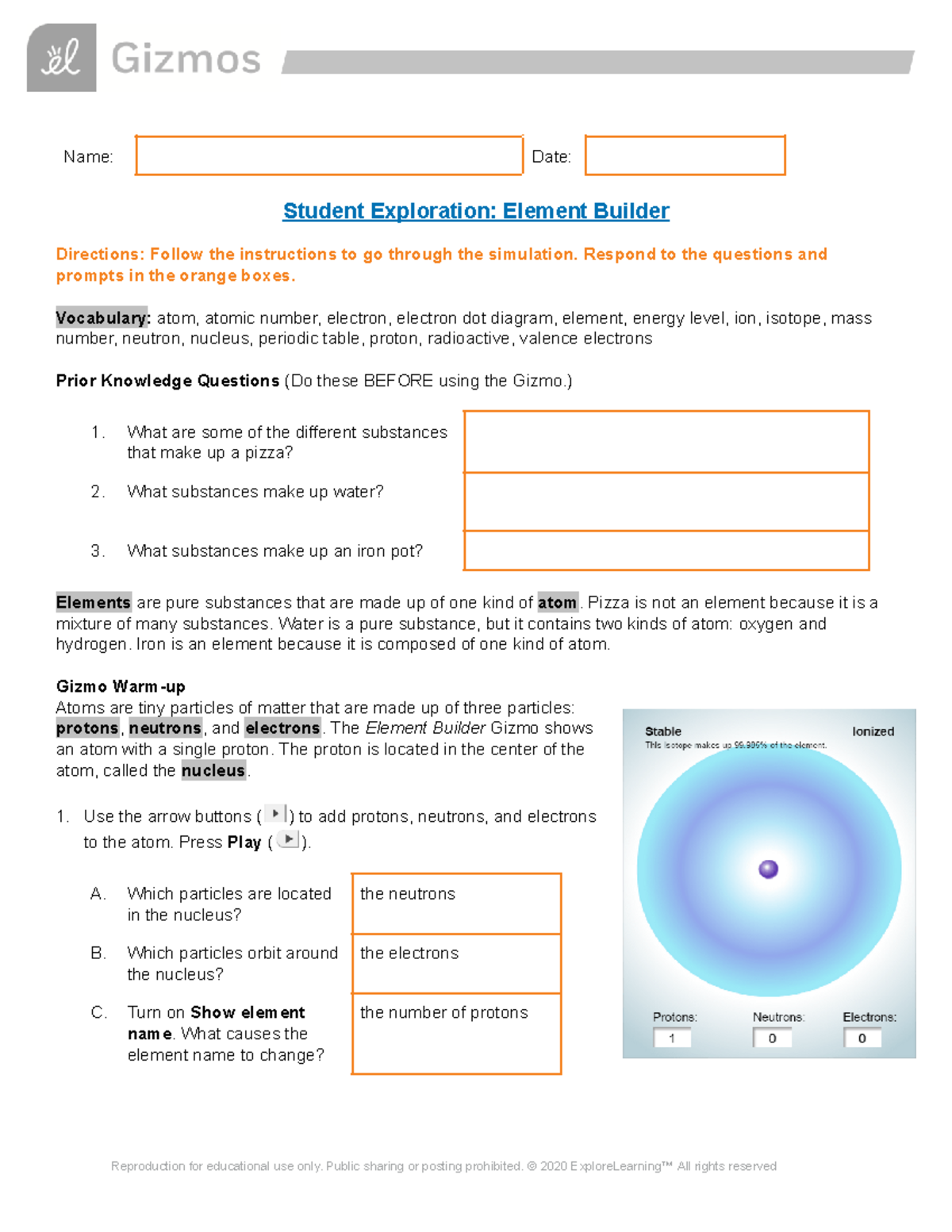 Element Builder SE - Name: Date: Student Exploration: Element Builder ...