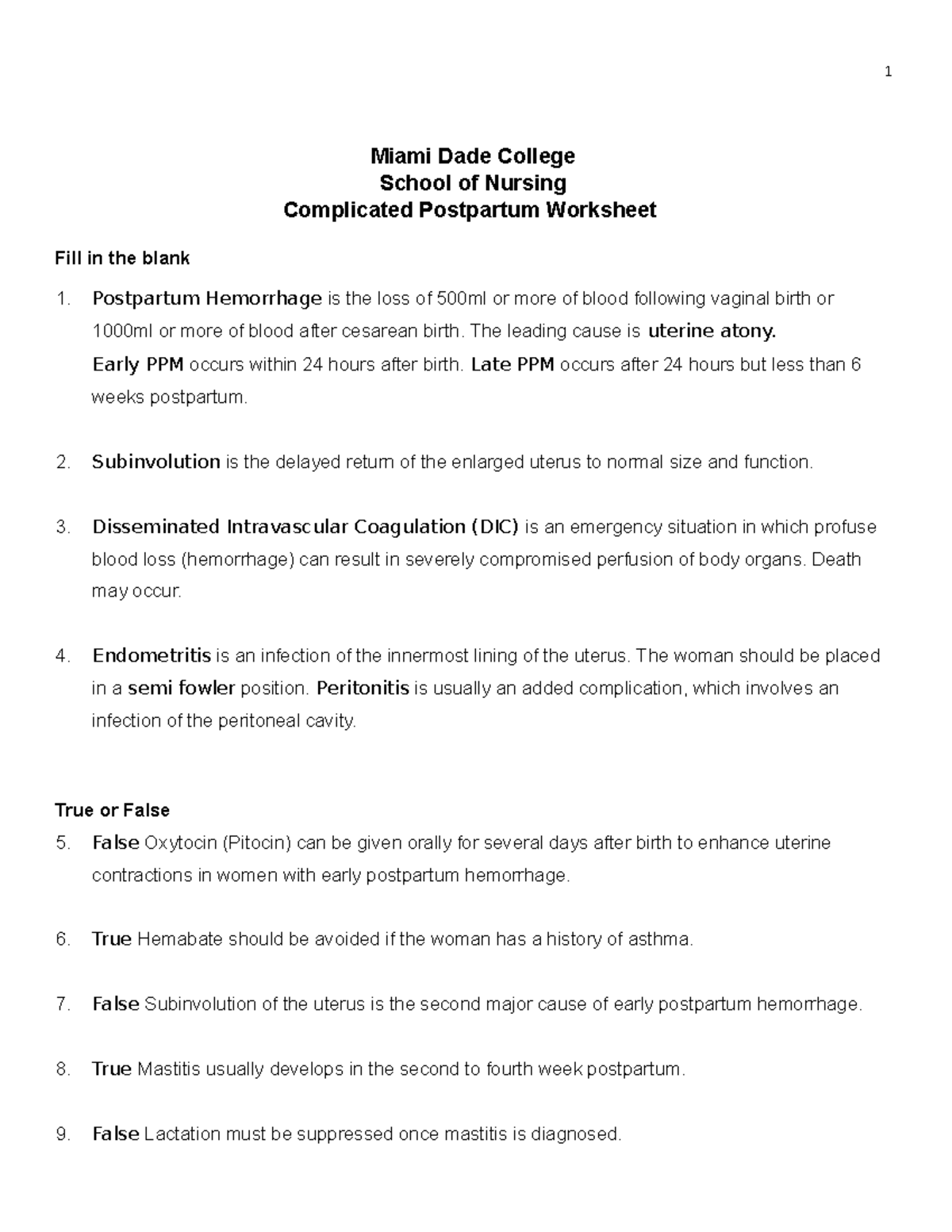 Complicated postpartum worksheet - 1 Miami Dade College School of ...