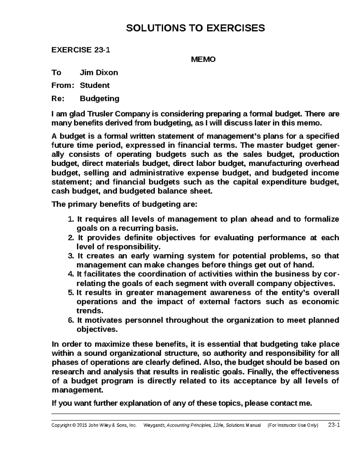 Ch23 - solution - SOLUTIONS TO EXERCISES EXERCISE 23- MEMO To Jim Dixon ...