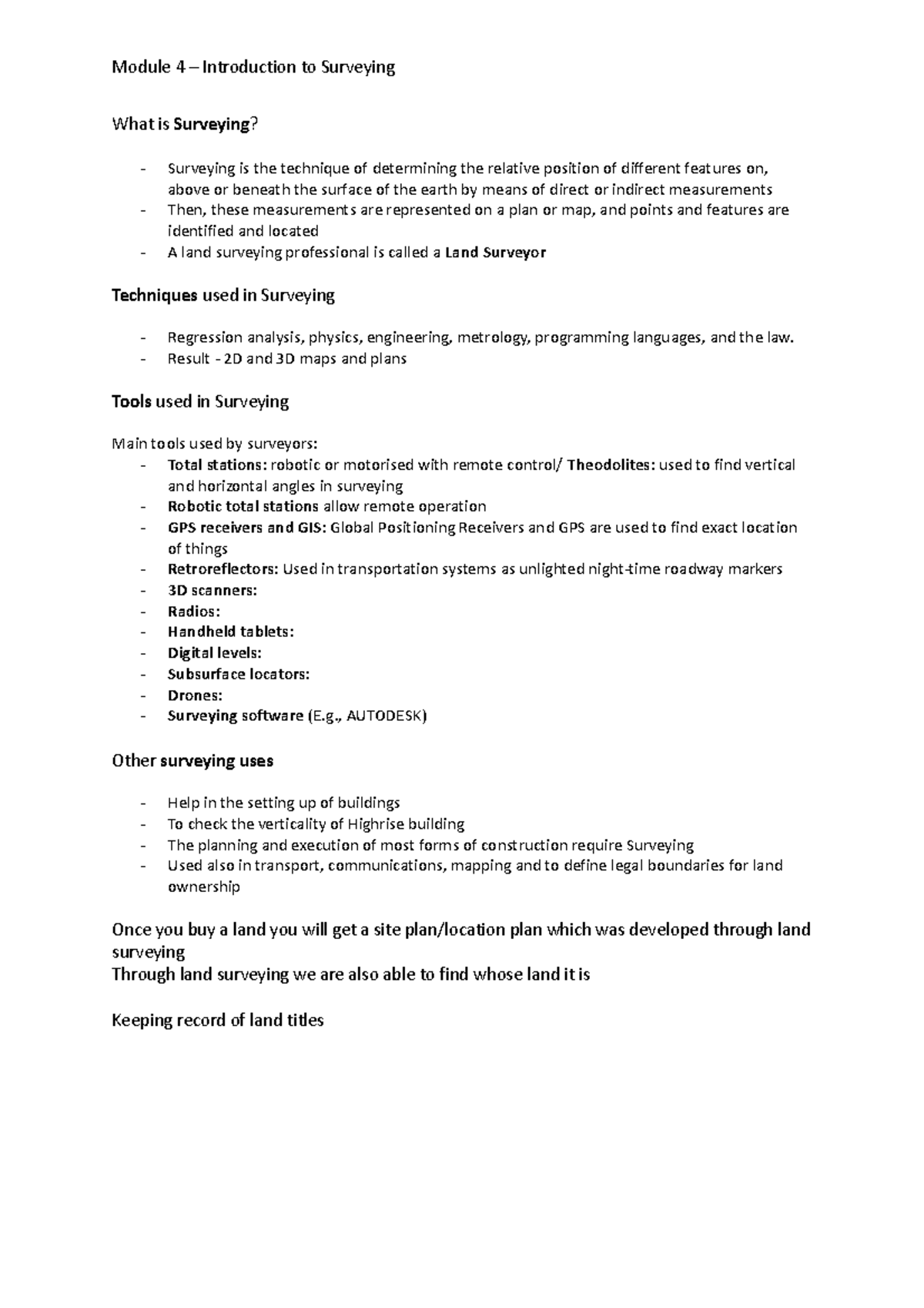 Module 4 – Introduction to Surveying - What is Surveying? - Surveying is the technique of - Studocu