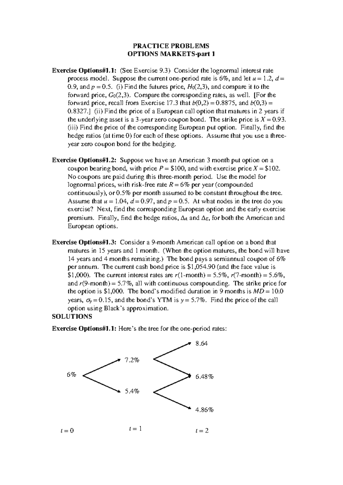 Exercises-Options#1 - PRACTICE PROBLEMS OPTIONS MARKETS-part 1 Exercise ...