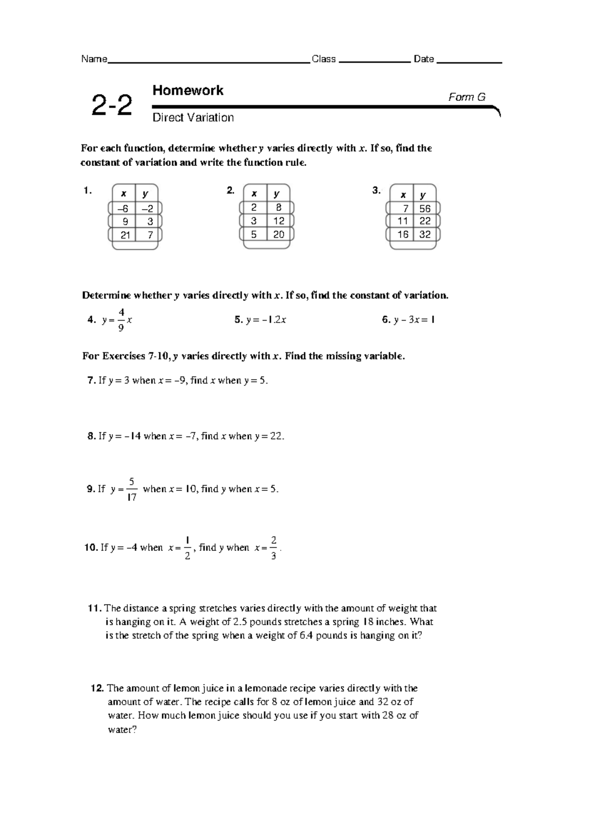 2-2+Direct+Variation+HW+ - Name Class Date 2 - 2 Homework For each function, determine whether y ...