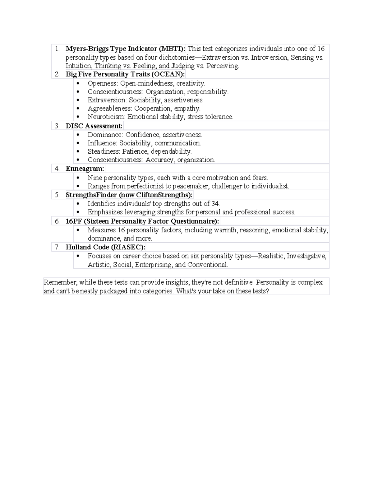Tests - 1. Myers-Briggs Type Indicator (MBTI): This test categorizes ...