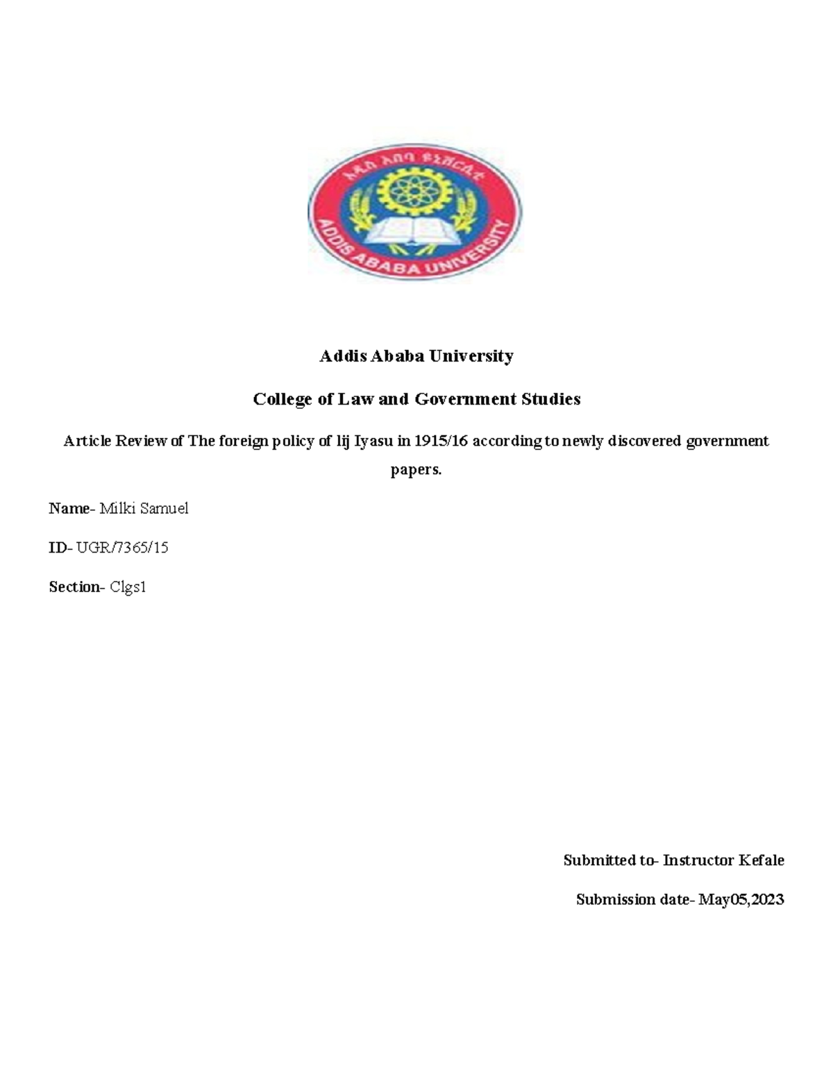 Milki Samuel Assefa - it's an assignment - Addis Ababa University ...