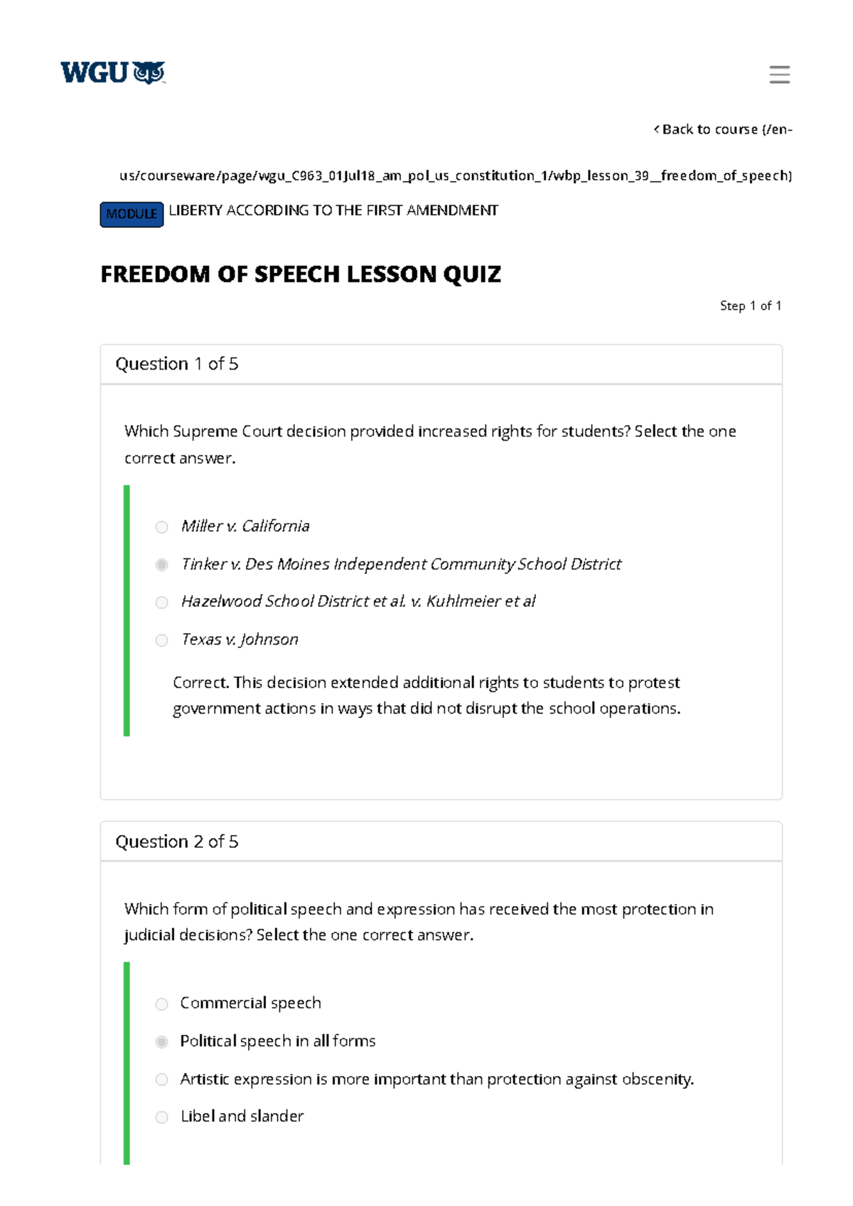 C963 M15 Freedom of Speech Lesson Quiz - Back to course MODULE LIBERTY ...