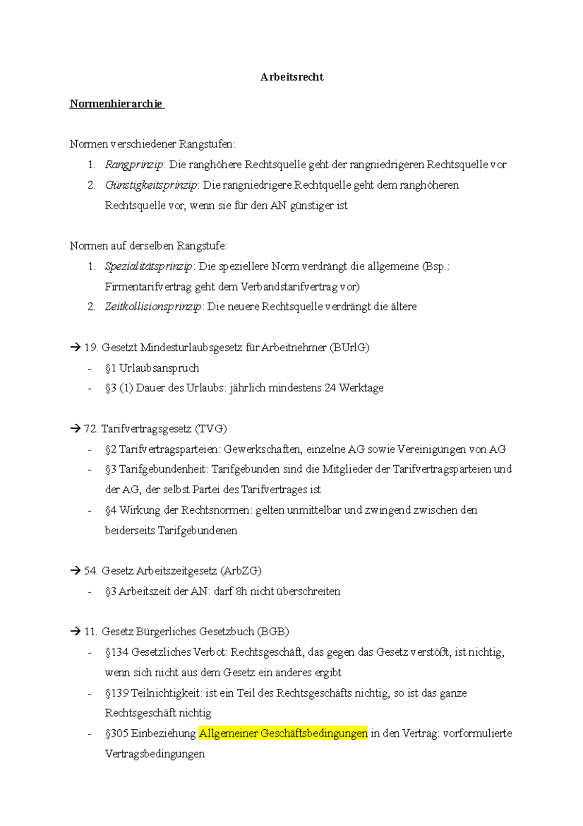 Arbeitsrecht- Zusammenfassung - Arbeitsrecht Normenhierarchie Normen ...