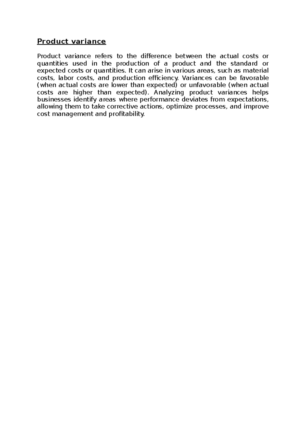 Product variance - Summary Accounting & Finance - Product variance ...