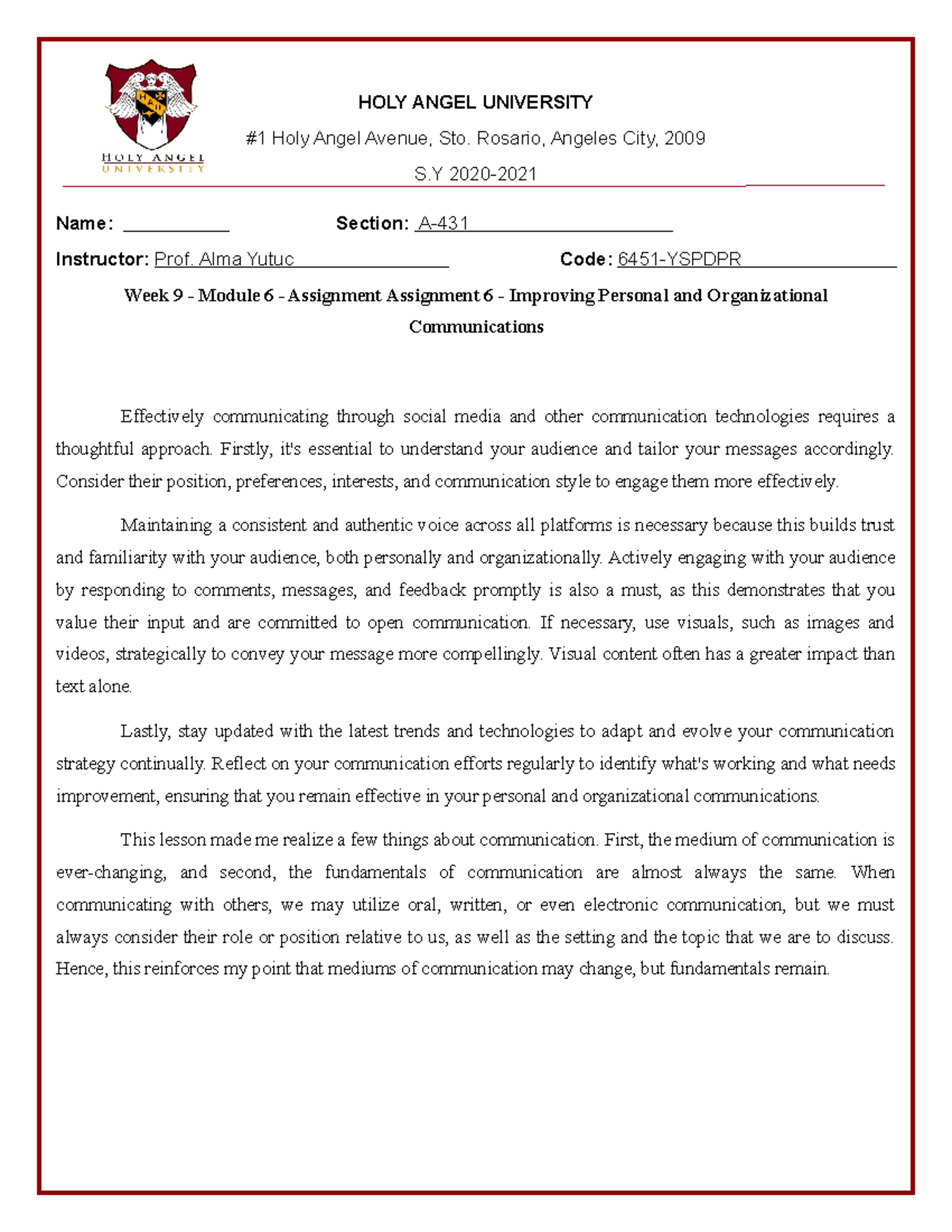 PDPR Module 6 Reflection - HOLY ANGEL UNIVERSITY #1 Holy Angel Avenue ...