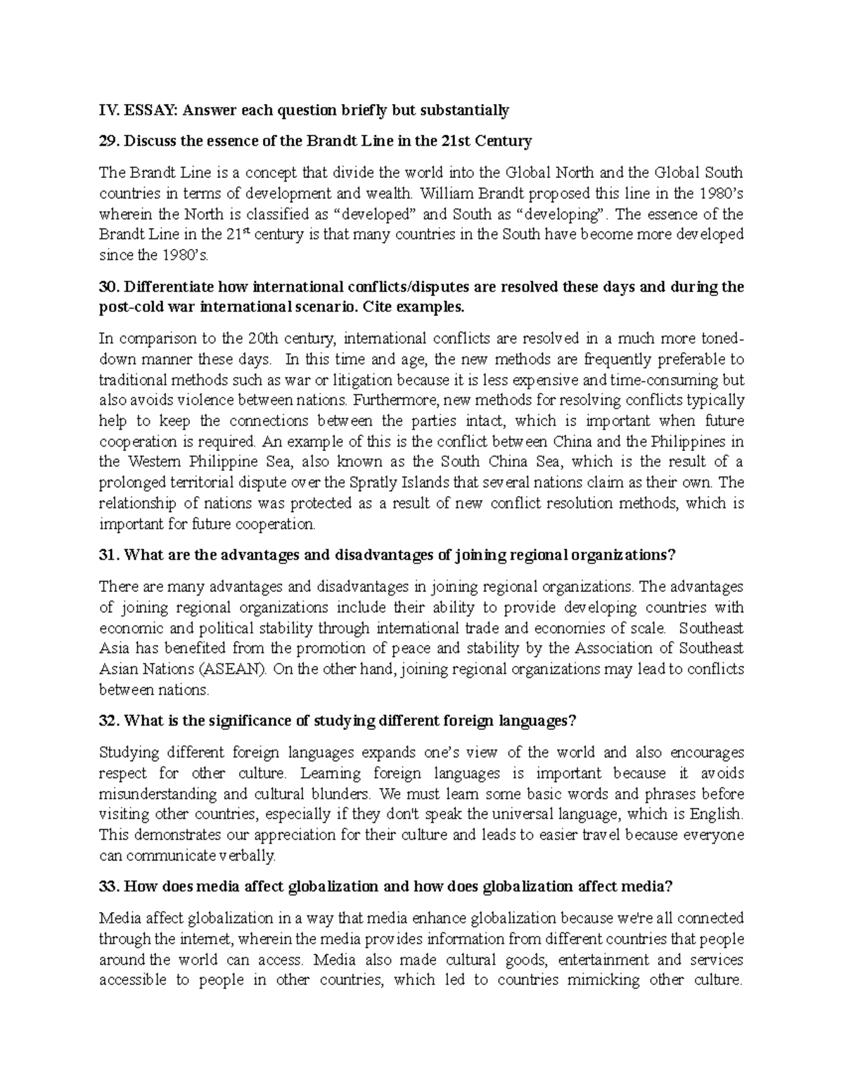 Contemporary world - IV. ESSAY: Answer each question briefly but ...