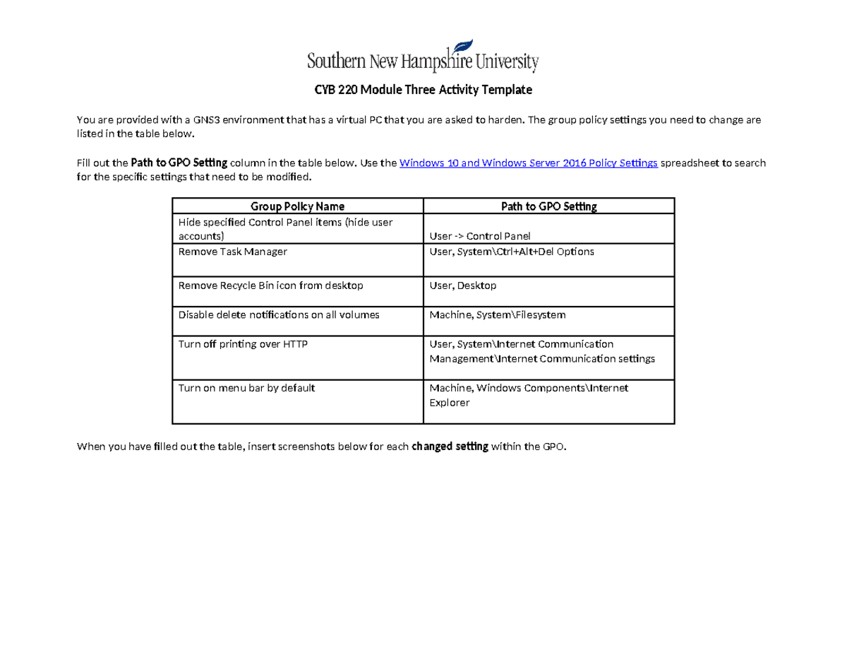 CYB 220 Module Three Activity - The group policy settings you need to ...