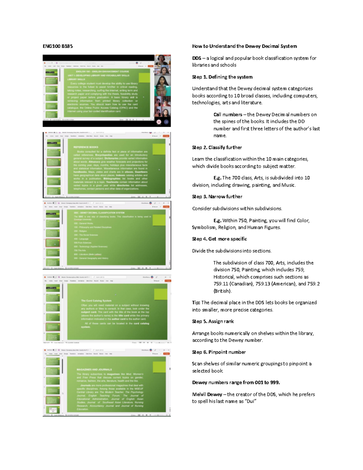 Reviewer ENG100-SOC101 - ENG100 B How to Understand the Dewey Decimal ...