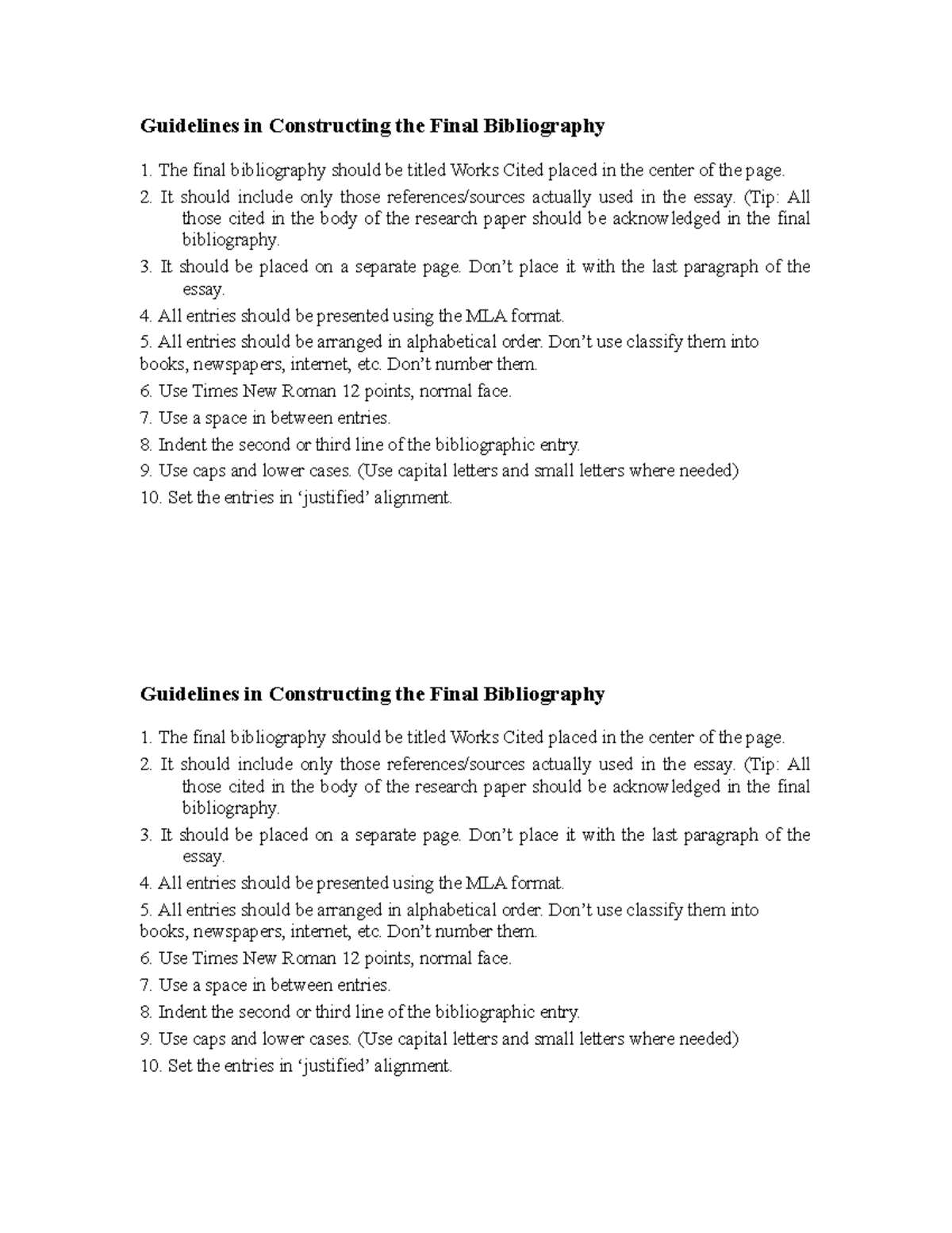 Guidelines in Constructing the Final Bibliography - It should include ...