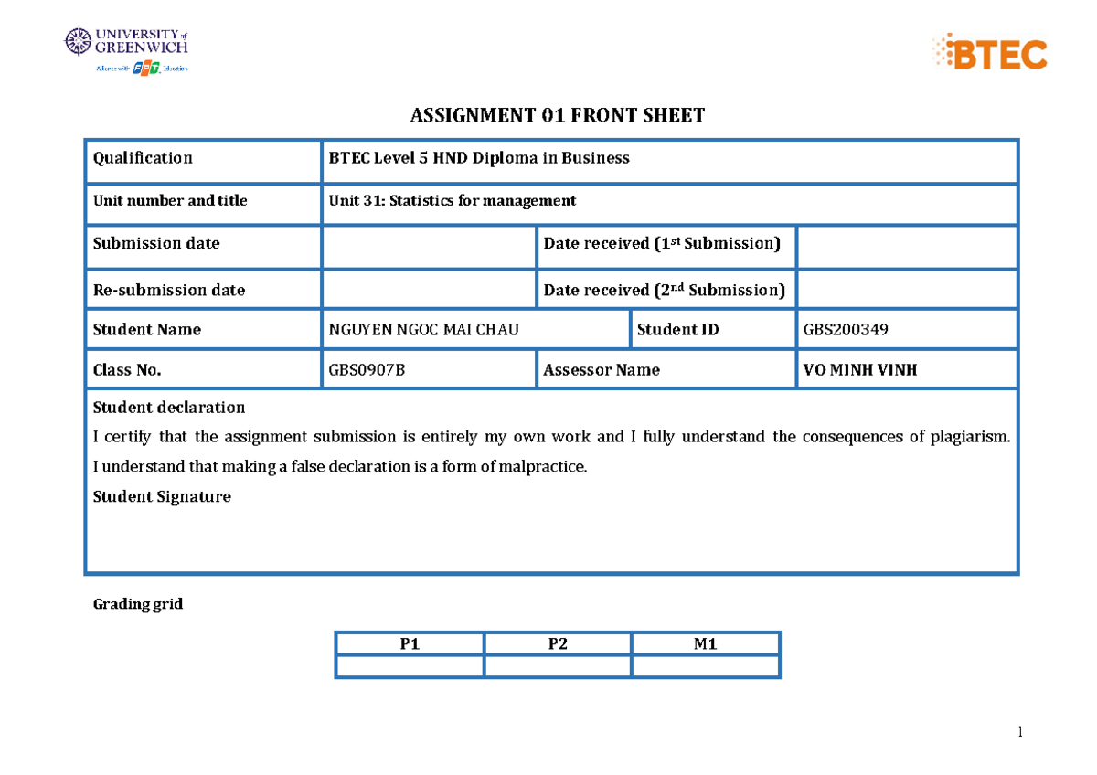 ASM1 570 - Nguyễn Ngọc Mai Châu - ASSIGNMENT 01 FRONT SHEET ...