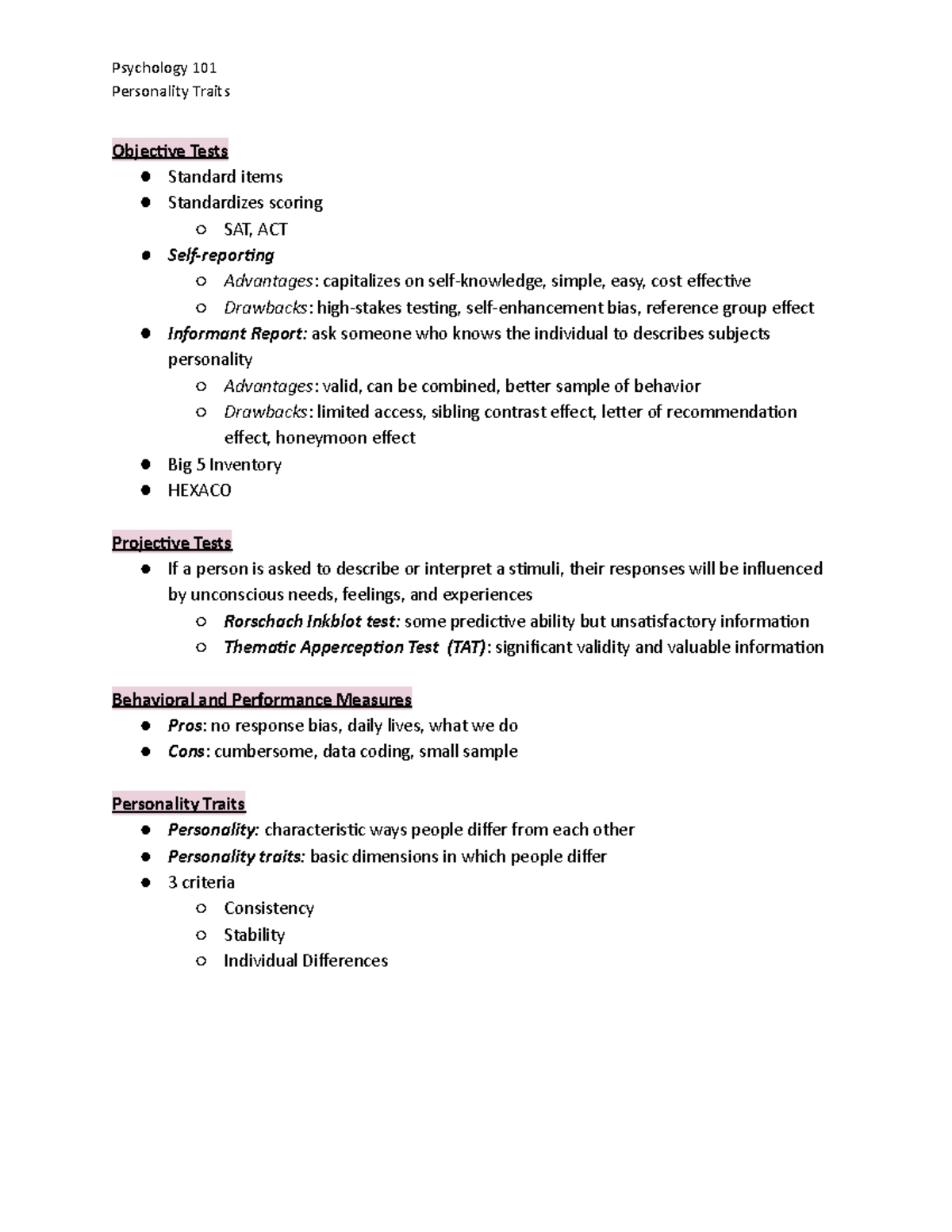 PSY 101 Personality Traits Lecture Notes - Psychology 101 Personality ...