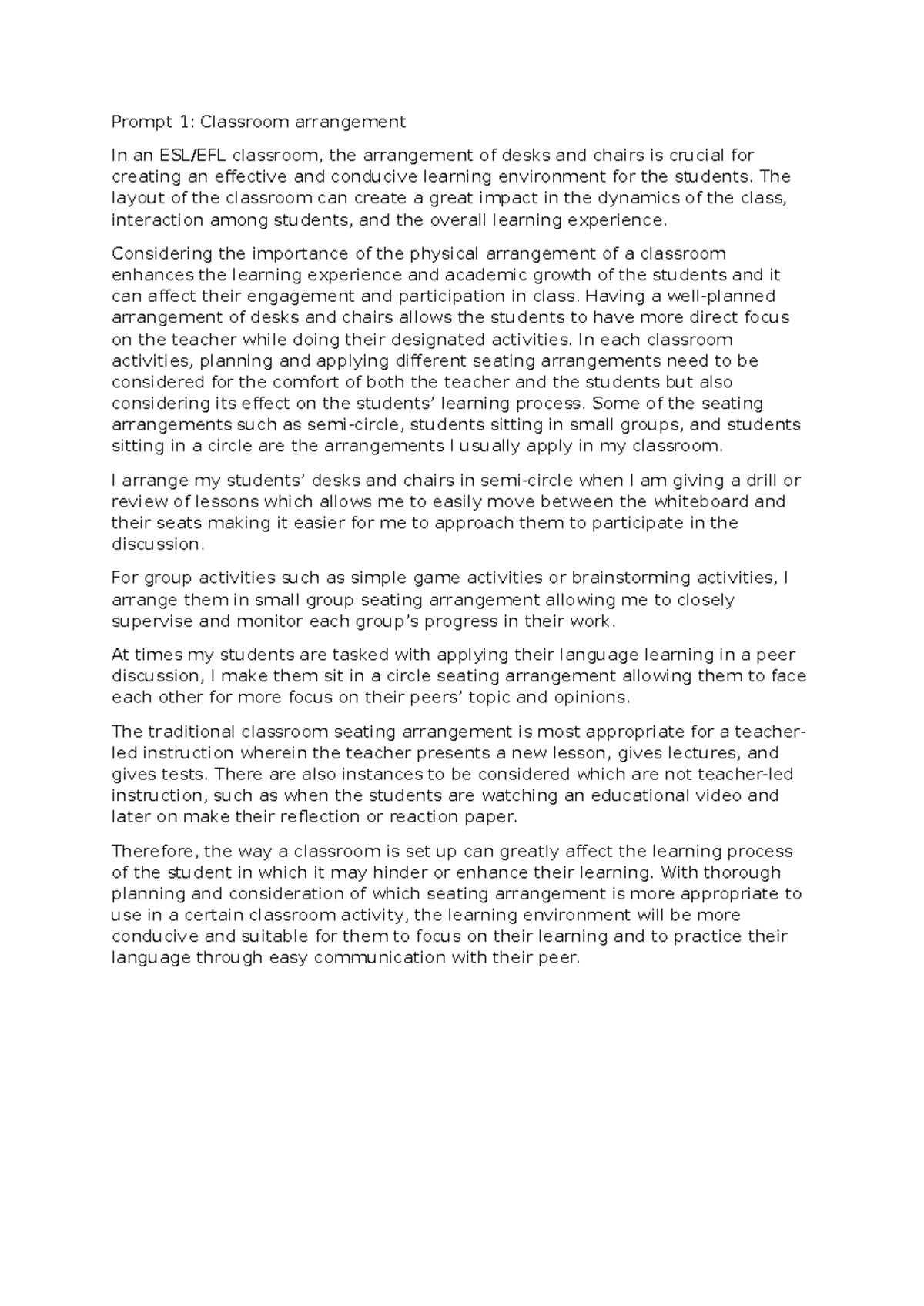 Module 2-Assignment - Prompt 1: Classroom arrangement In an ESL/EFL ...