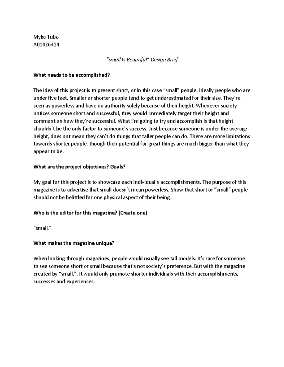 Design Aesthetics design brief 1 - Myka Tubo A01026414 Is Design Brief ...