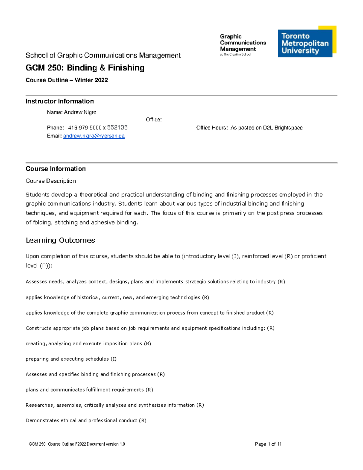 GCM Course Outline F22 GCM 250 - School of Graphic Communications ...