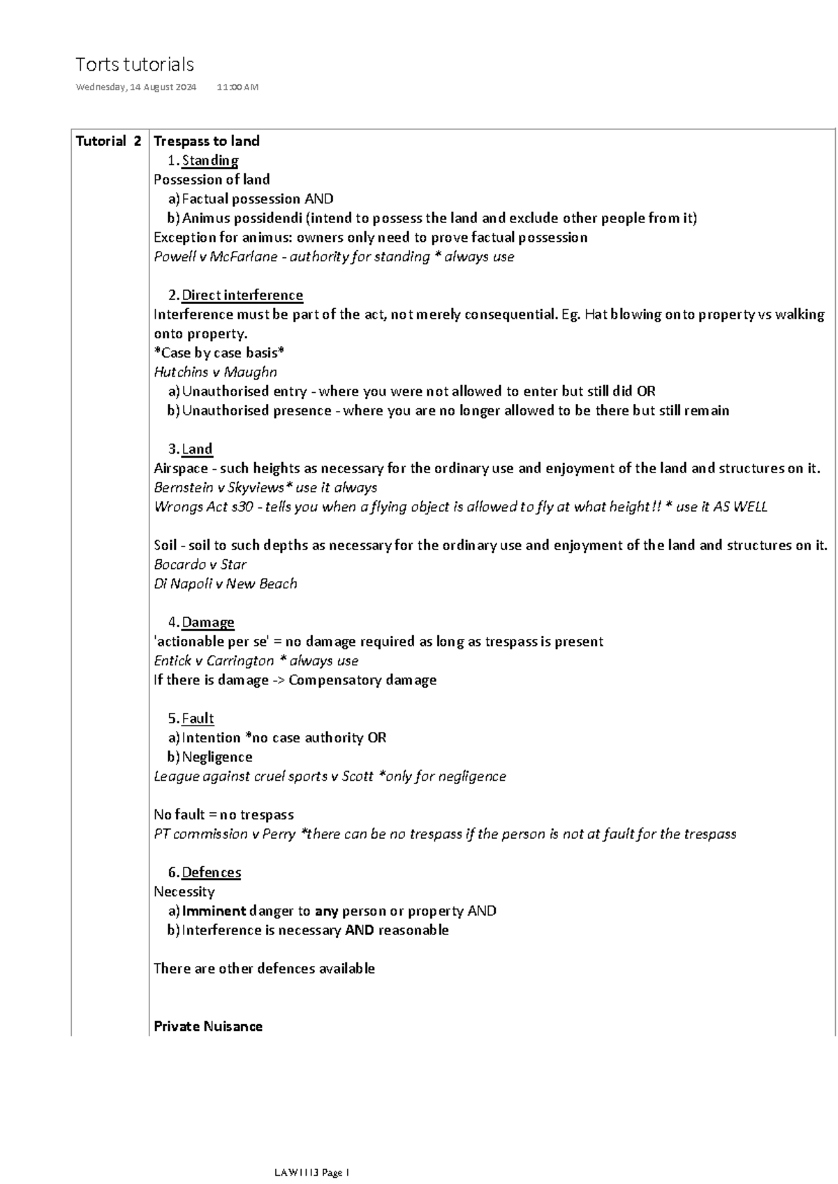 Torts tutorials notes - Tutorial 2 Trespass to land 1. Standing ...
