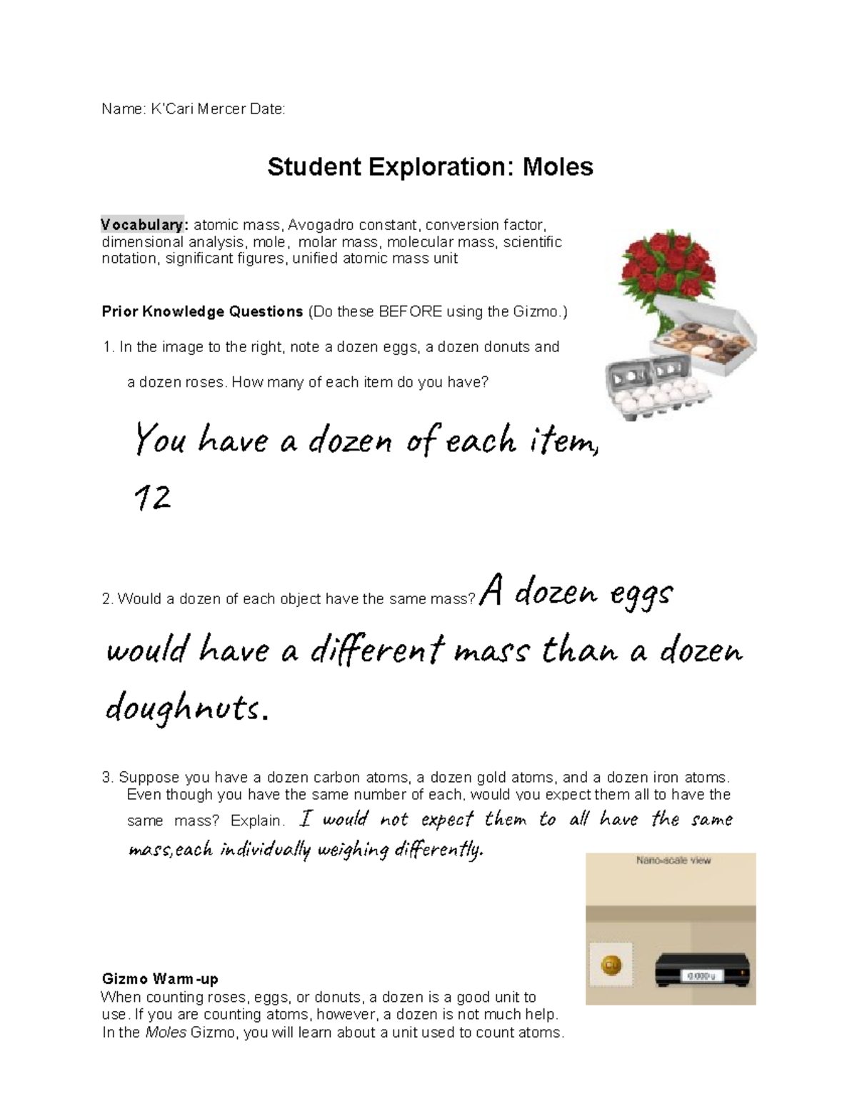 KCari Mercer - Moles SE - Chemistry assignments - Name: K’Cari Mercer ...